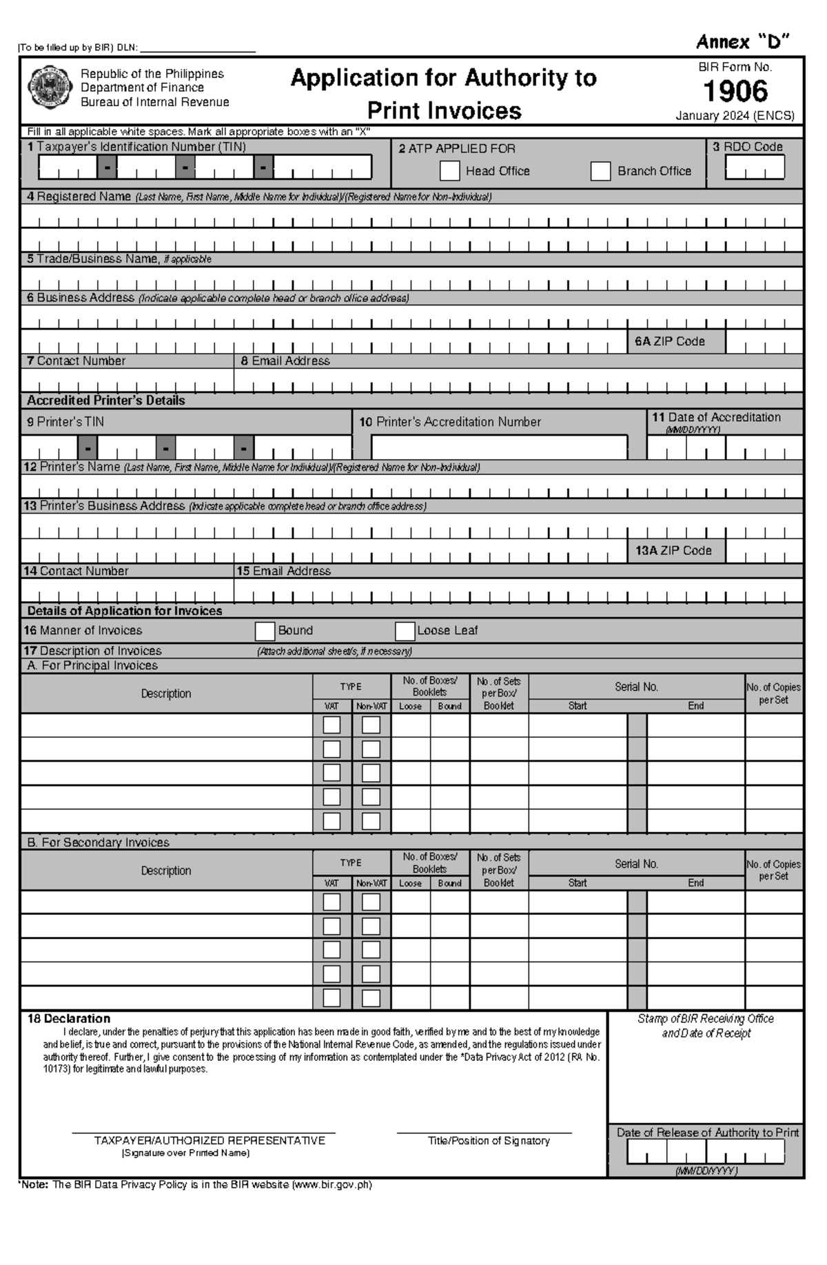 BIR Form 1906 - Application for Authority to Print Invoices - Studocu