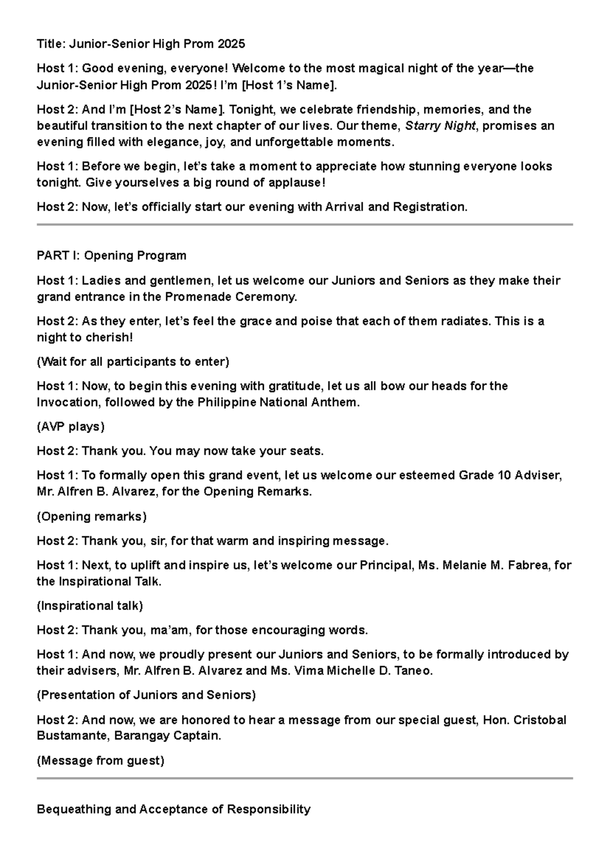 JS Prom 2025: Starry Night Master of Ceremony Script - Studocu