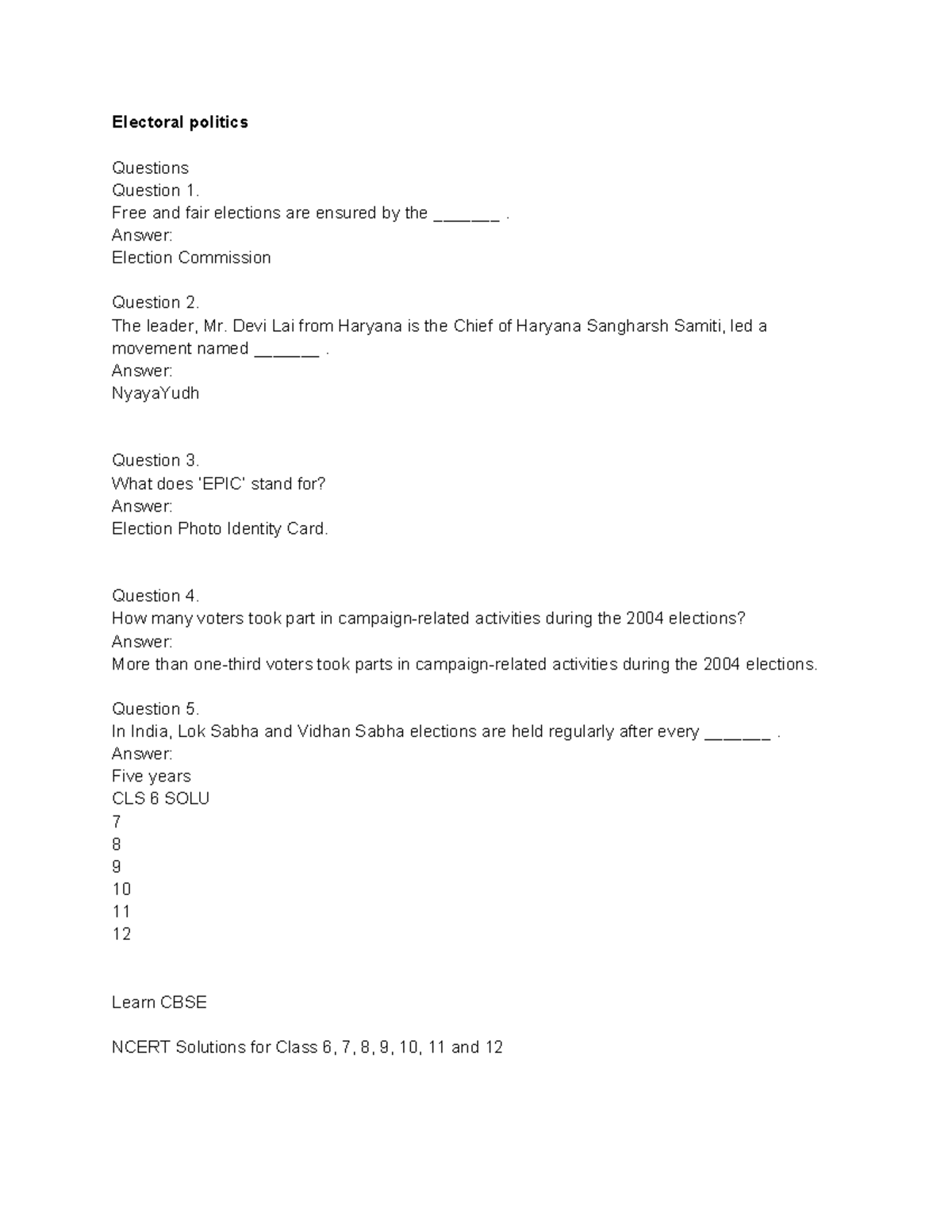 CLS 9 Civics: Extra Questions on the Election Process and Its ...