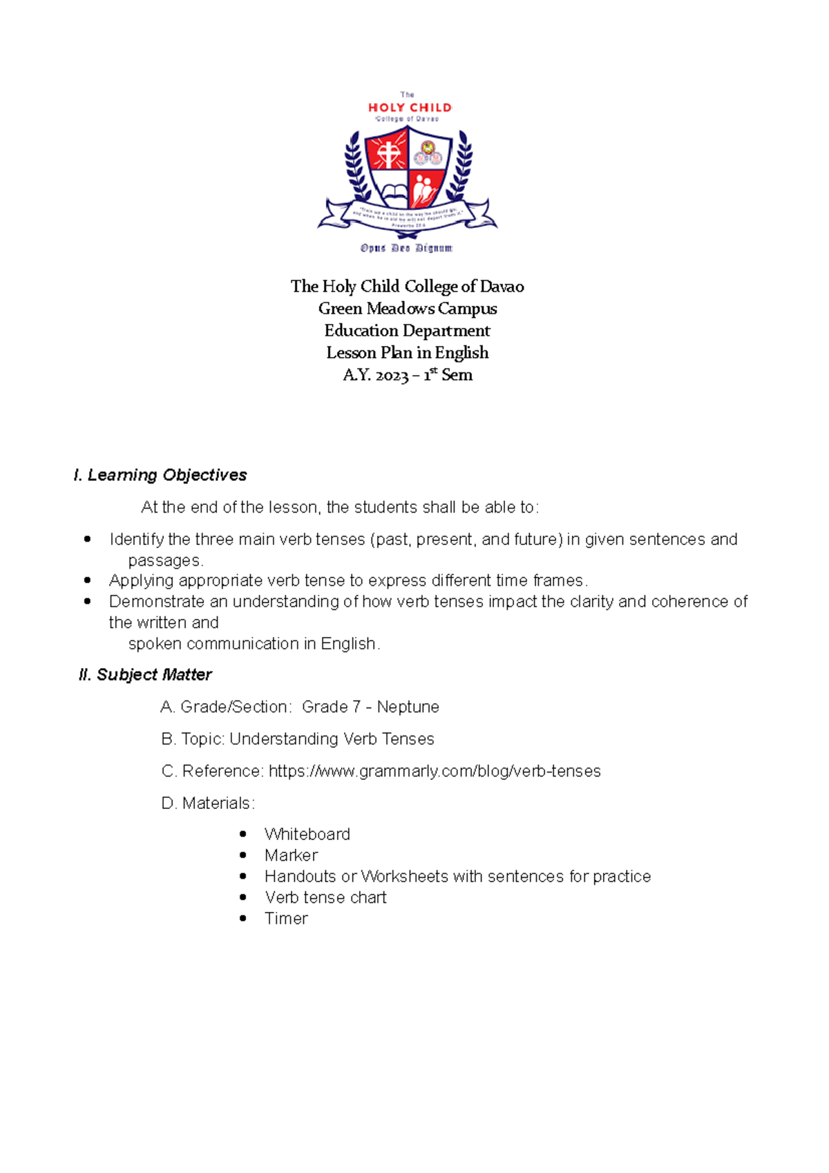 Grade 7 English Lesson Plan: Understanding Verb Tenses - Studocu