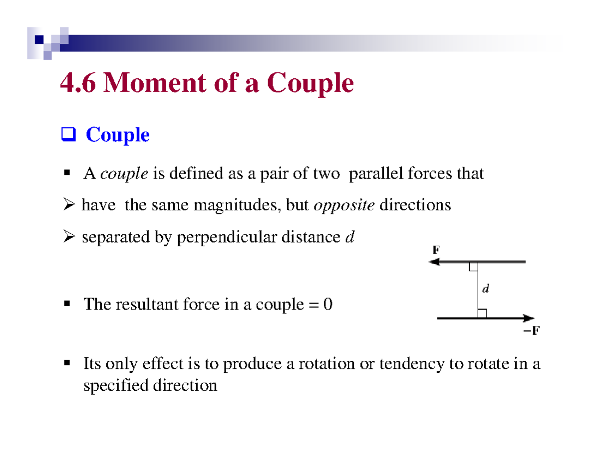 Moment of a Couple: Understanding Couple Moments in Mechanics (ENGR 101 ...