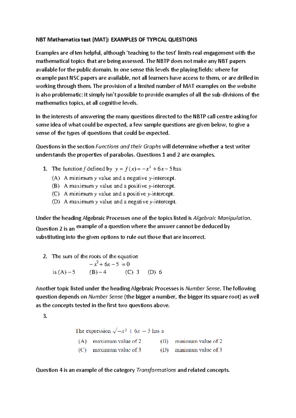 NBT MAT Typical Question Examples for Math Test Preparation - Studocu