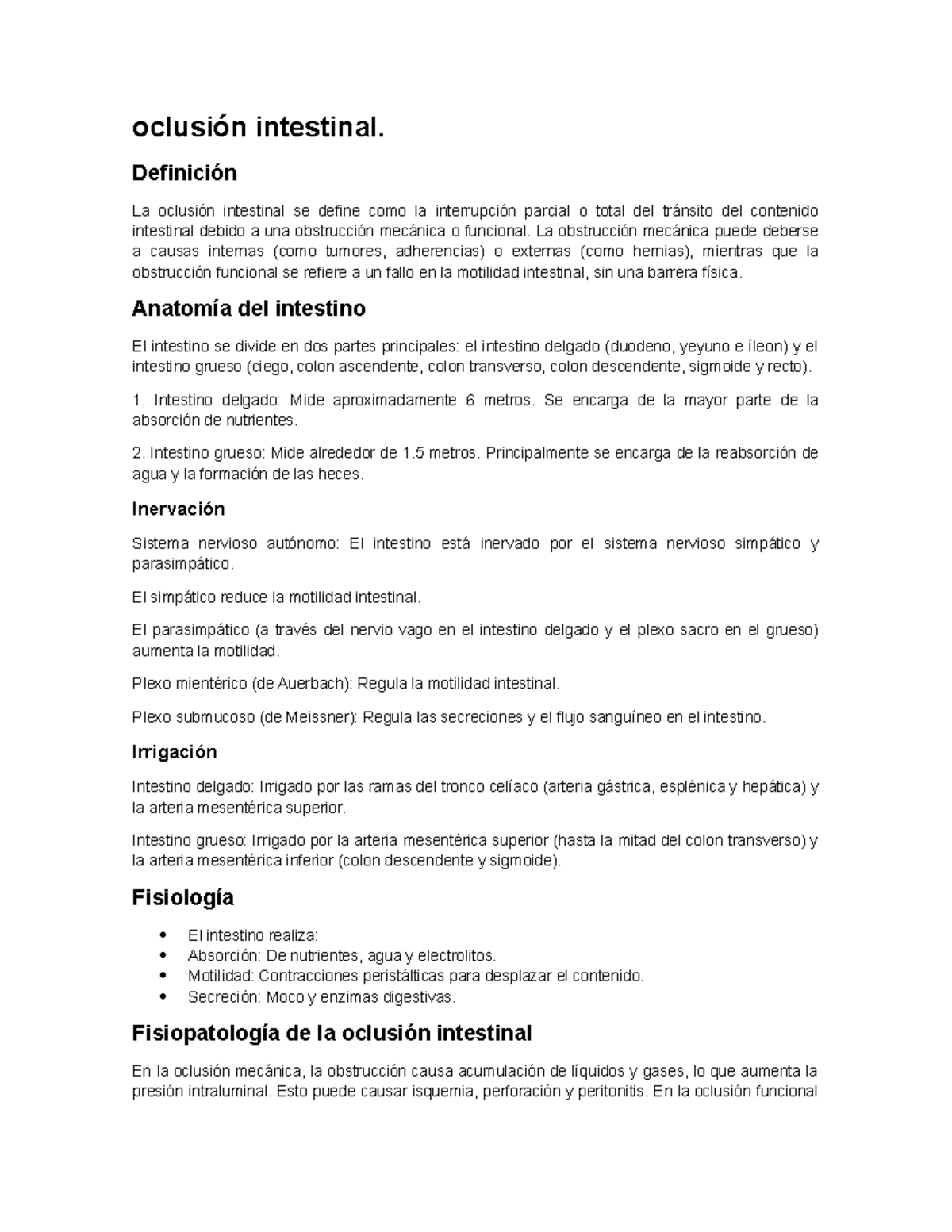 Oclusión Intestinal - RESUMEN y Fisiopatología de la Obstrucción - Studocu