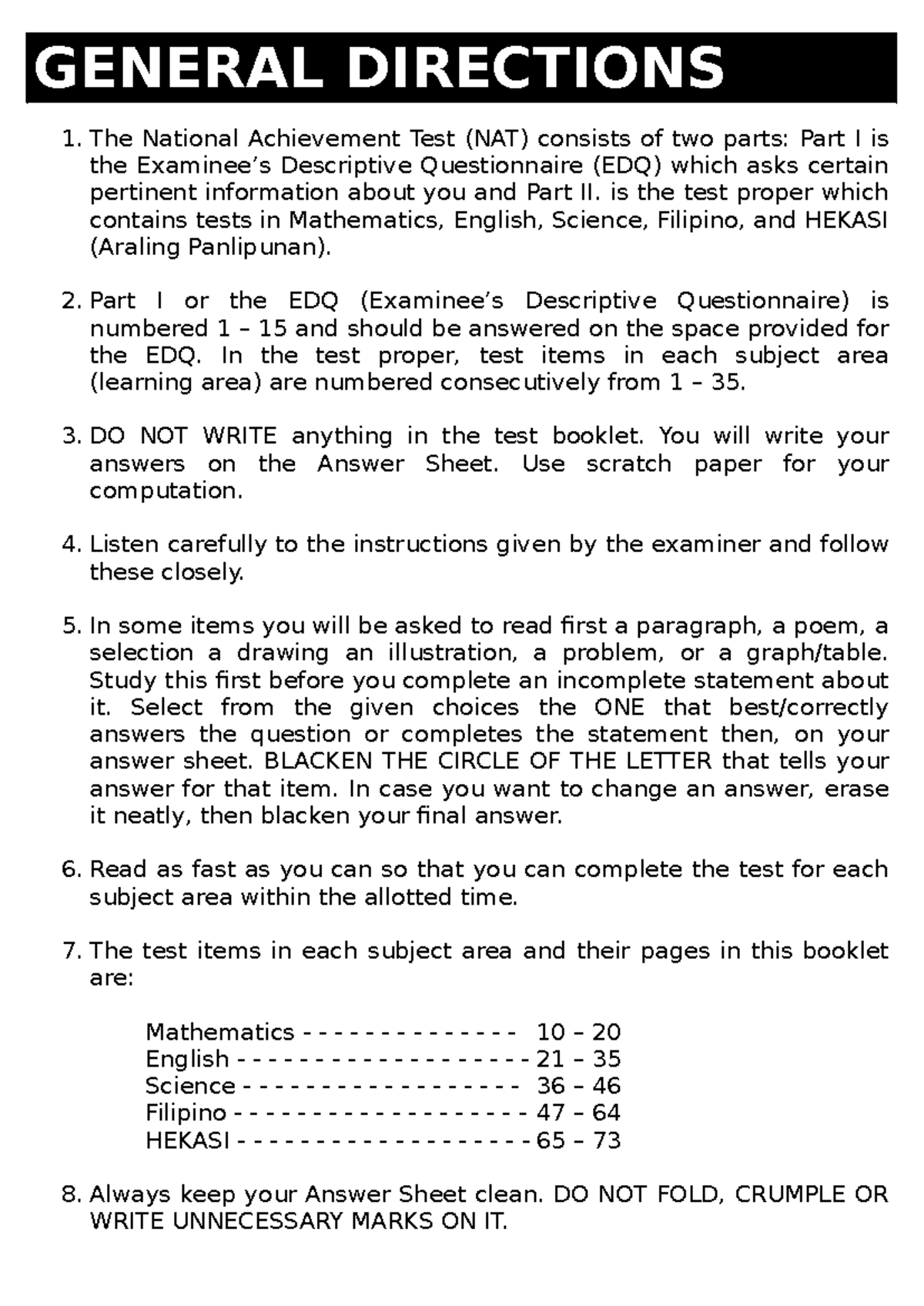 National Achievement Test (NAT) General Directions and EDQ - Studocu