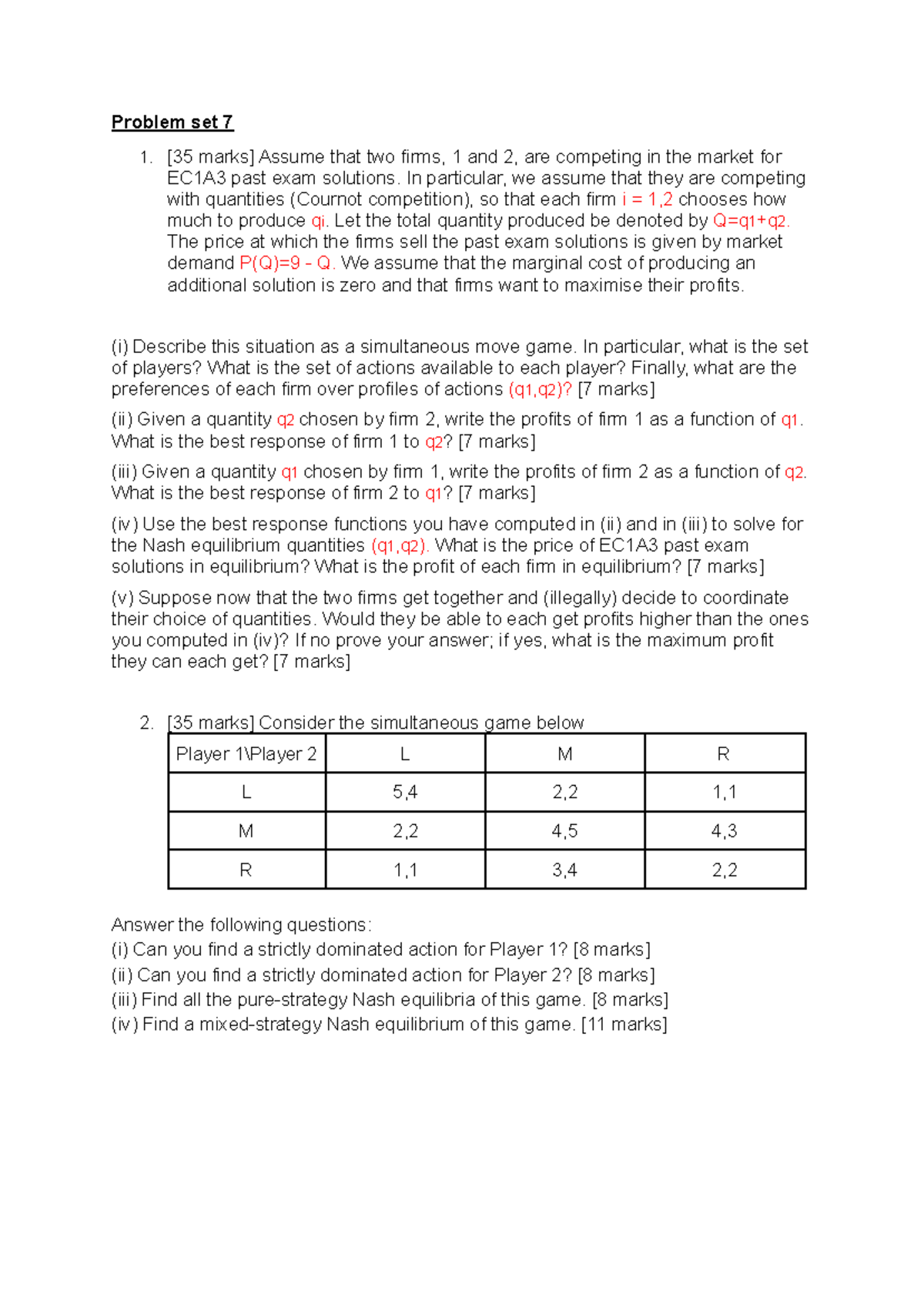 EC1A3 Problem Set 7: Cournot Competition and Nash Equilibria Analysis ...