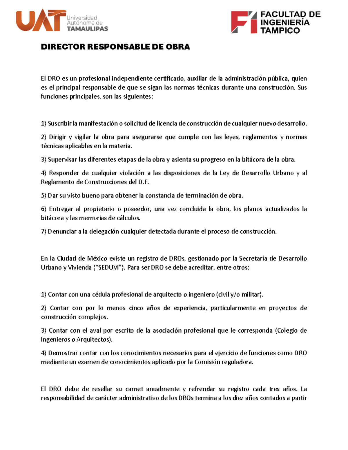 Funciones y Requisitos del Director Responsable de Obra (DRO) - Studocu