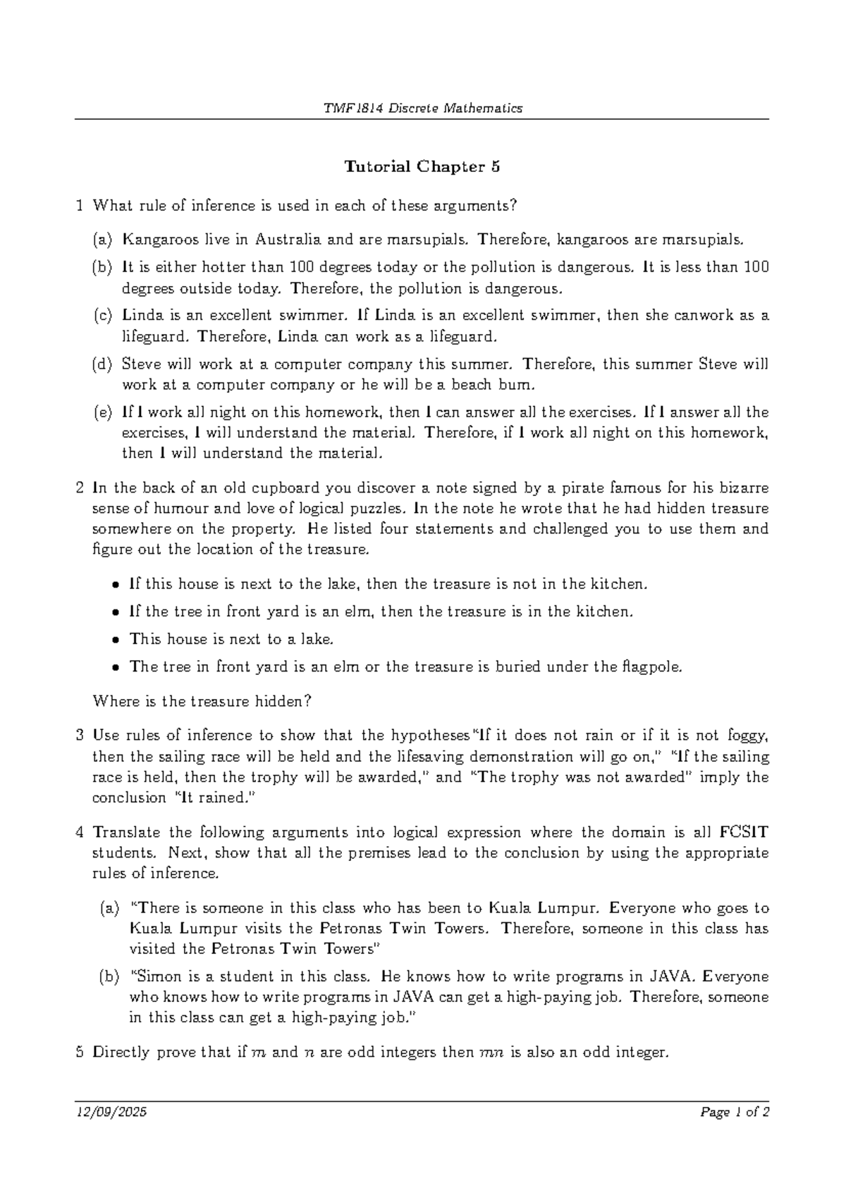 TMF1814 Discrete Mathematics Tutorial: Chapter 5 Inference Rules - Studocu