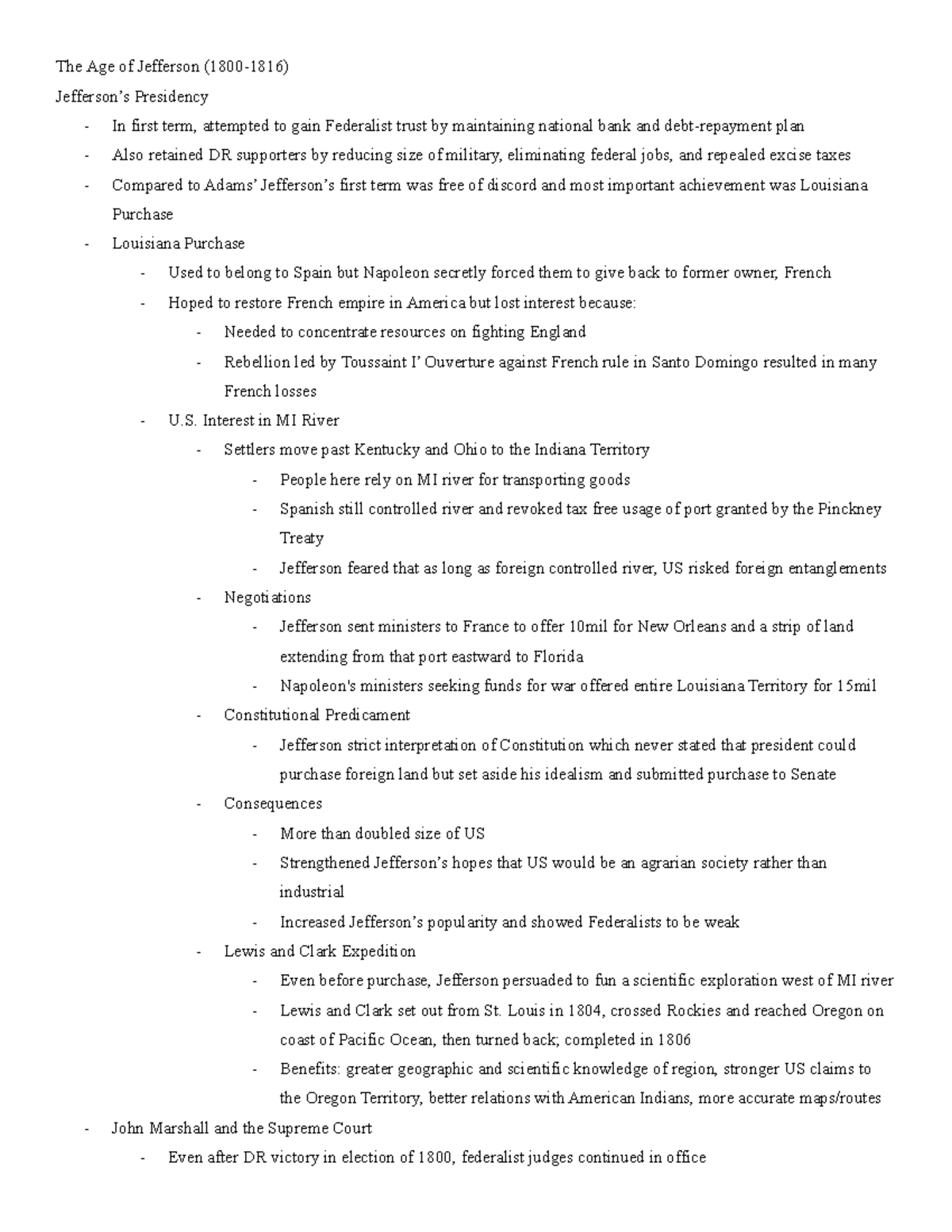 Apush Chapter 7 Notes - The Age of Jefferson (1800-1816) Jefferson’s ...