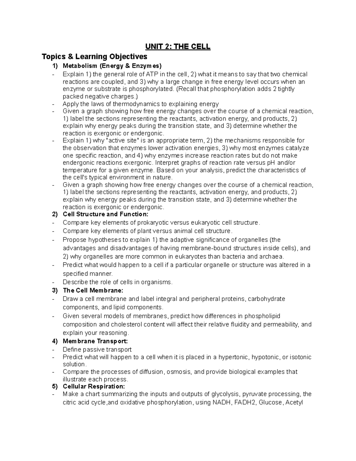 BIO 101 Unit 2 Exam Study Guide: Cell Structure, Function & Metabolism - Studocu