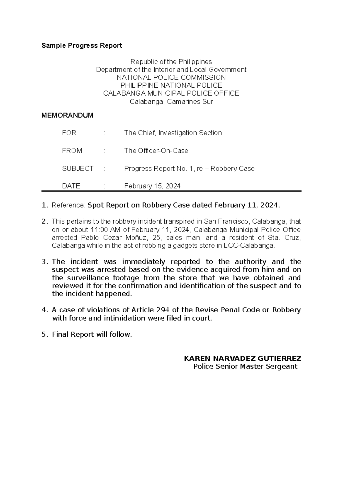 Progress Report No. 1 on Robbery Case - KNG - Studocu