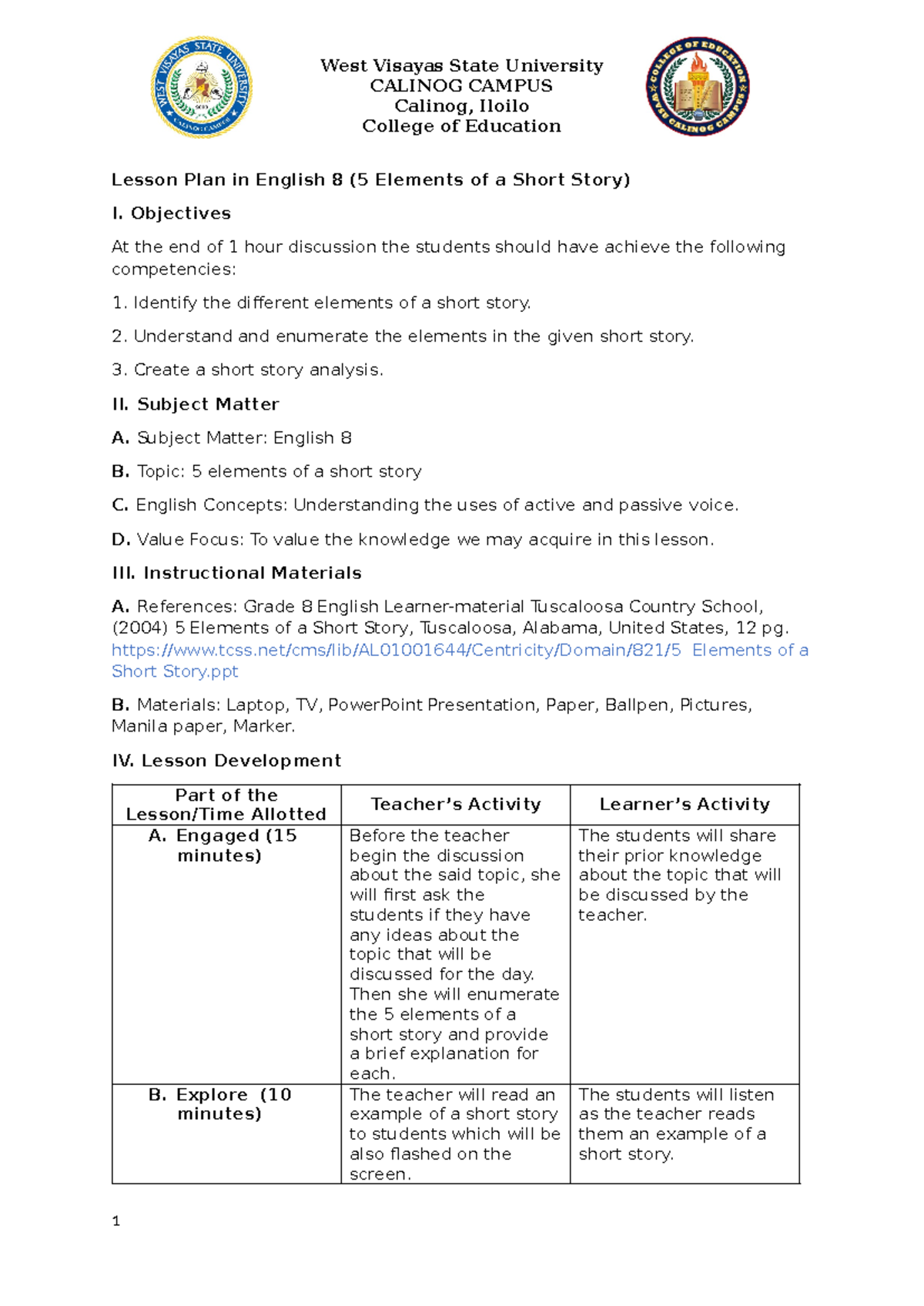 ELT 204 - Lesson Plan on 5 Elements of a Short Story in English 8 - Studocu