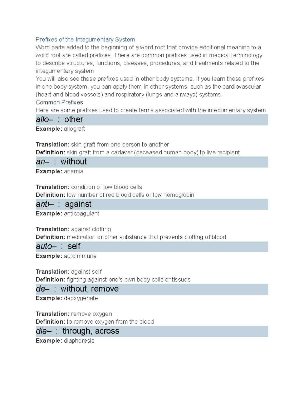 Medical Terminology: Integumentary System Prefixes & Suffixes - Studocu