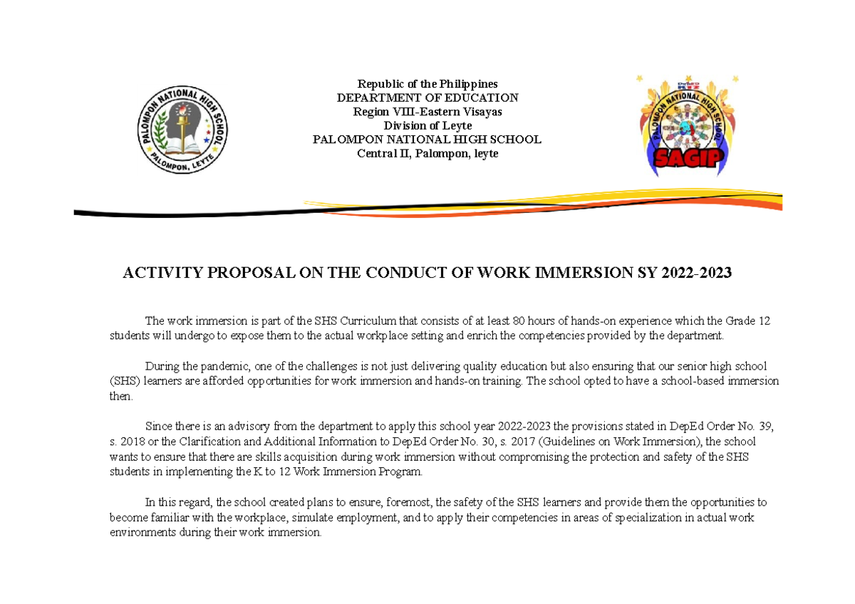 Activity Proposal for SHS Work Immersion Program SY 2022-2023 - Studocu