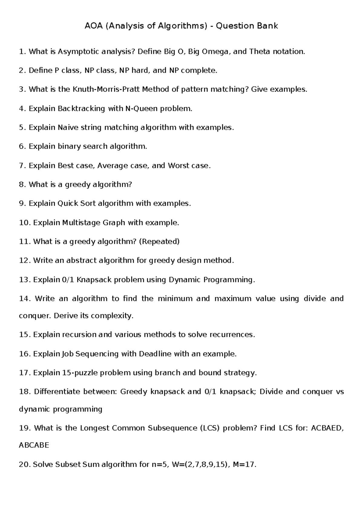 AOA (Analysis of Algorithms) Comprehensive Question Bank - Studocu