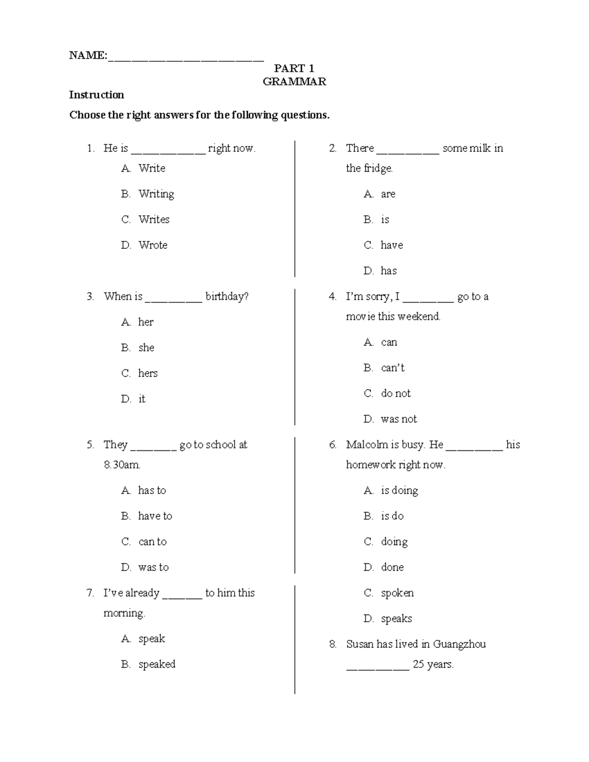 Pilot Placement Test - Grammar & Writing Instructions - Studocu