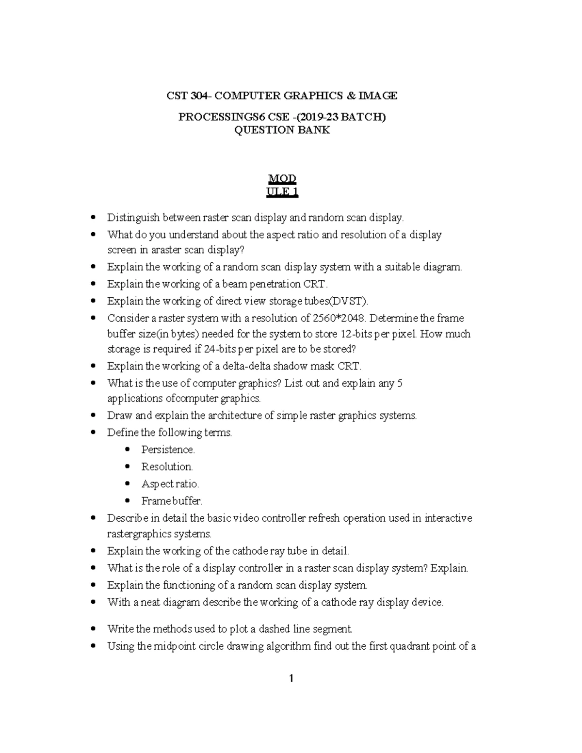CST 304 Final Exam Question Bank: Computer Graphics & Image Processing (2019-23) - Studocu