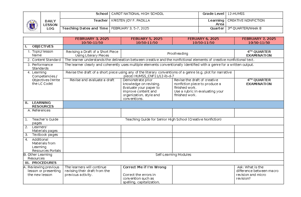 CNF-Q3-W8 - Creative Nonfiction Lesson Plan and Daily Log - Studocu