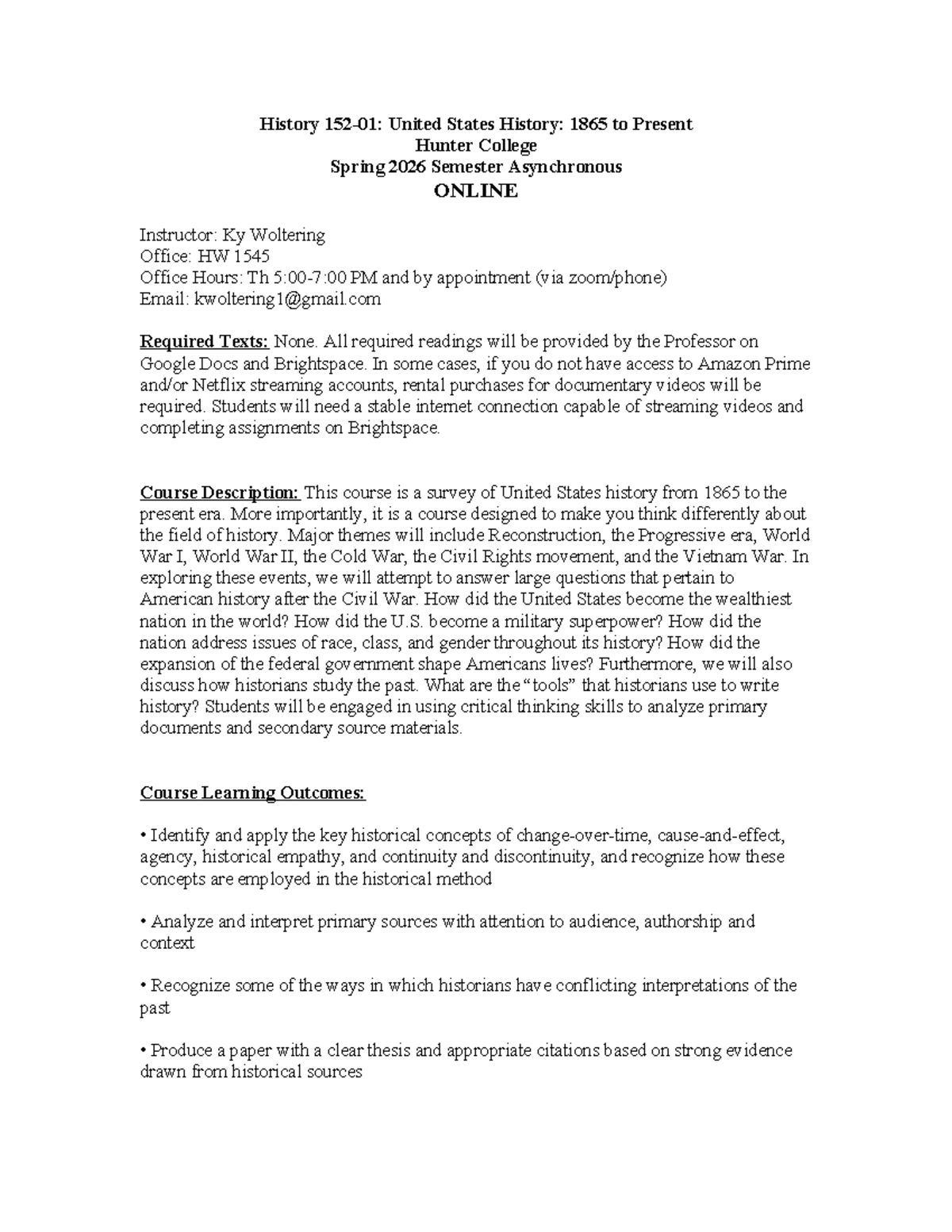 History 152: U.S. History from 1865 to Present - Spring 2026 Syllabus ...