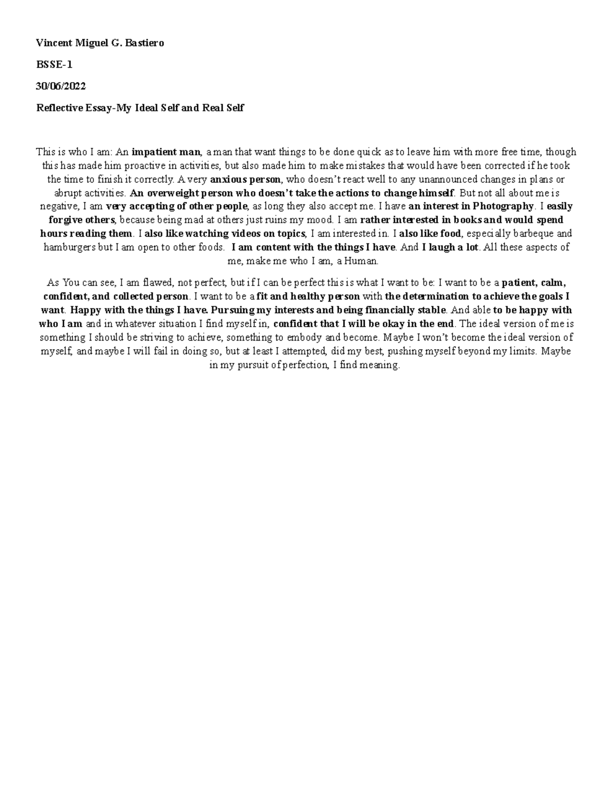 Reflective Essay-1: Exploring My Ideal Self vs. Real Self - Studocu