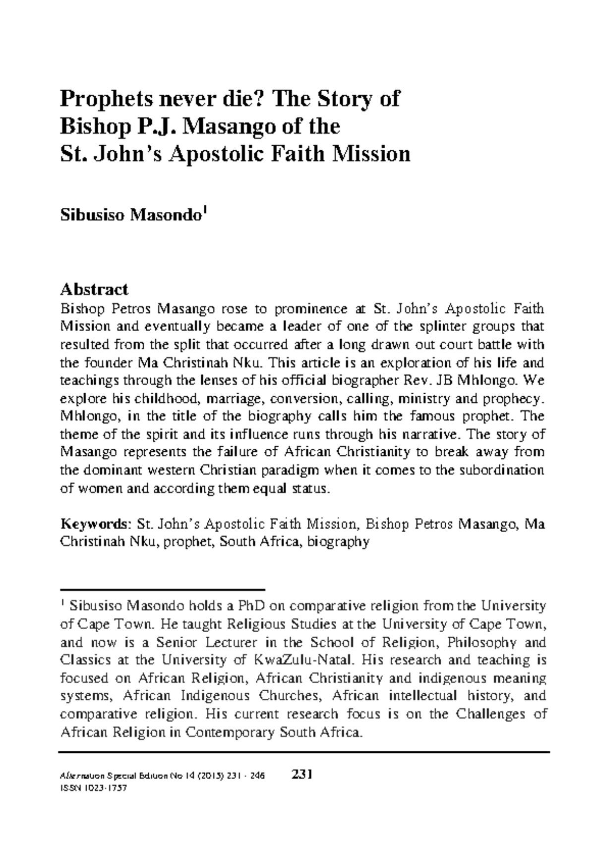 The Life and Legacy of Bishop P.J. Masango in the St. John’s Mission ...