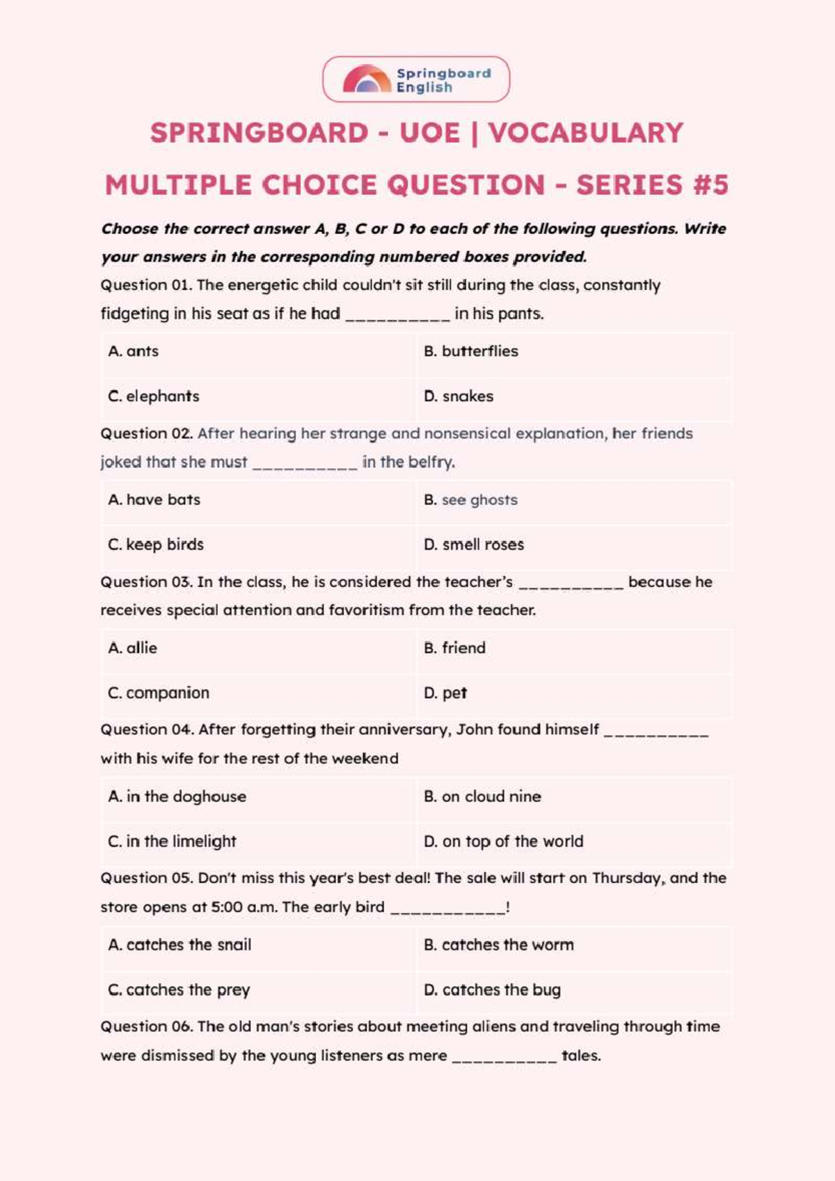 Springboard English UOE I Vocabulary MCQ Series - Studocu
