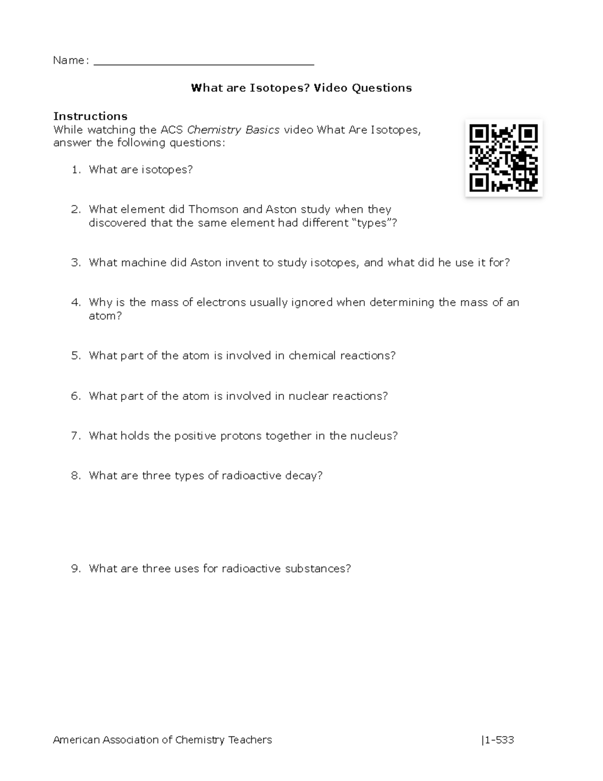 Isotopes Video Questions - ACS Chemistry Basics Activity - Studocu