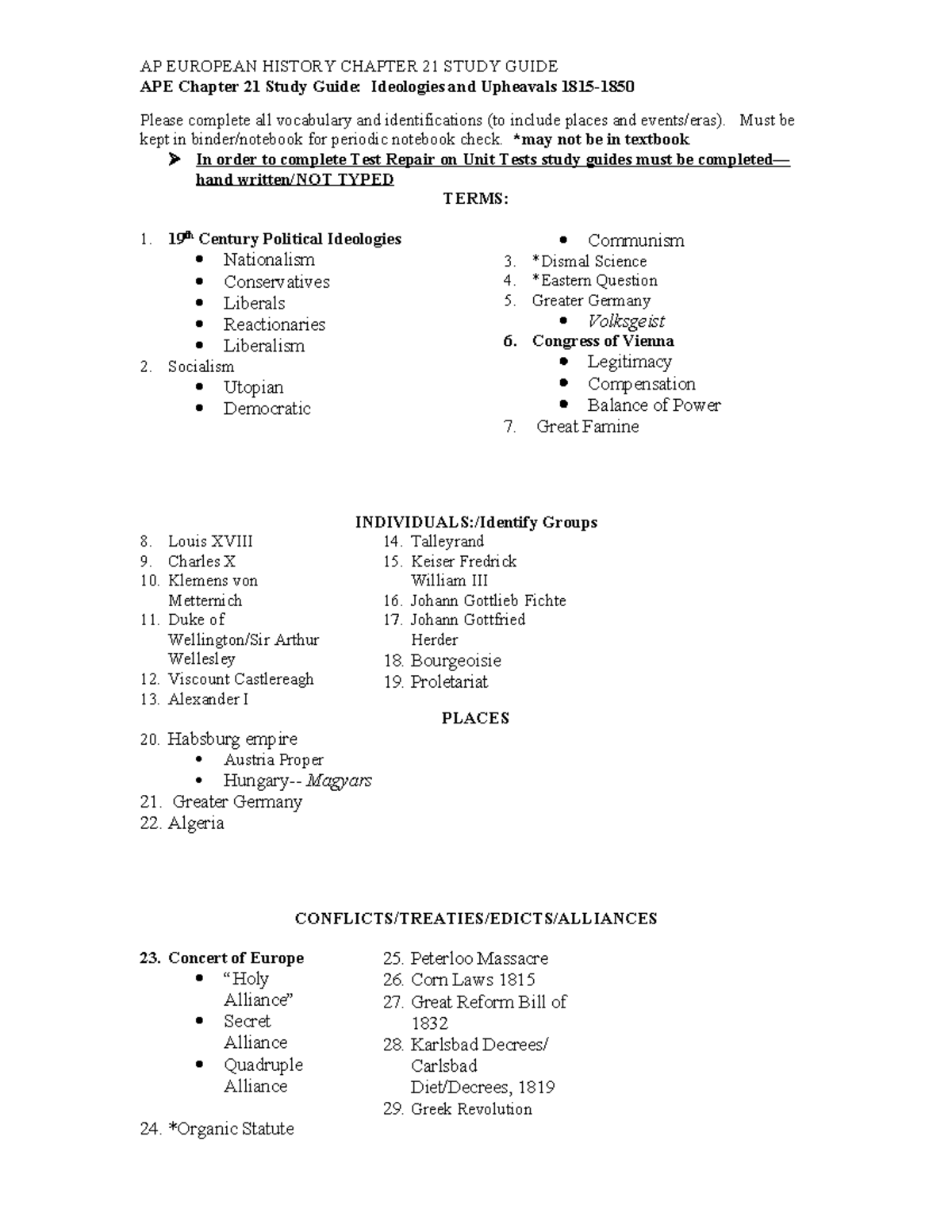 APE CH 21 Study Guide: Ideologies and Upheavals in 19th Century Europe ...