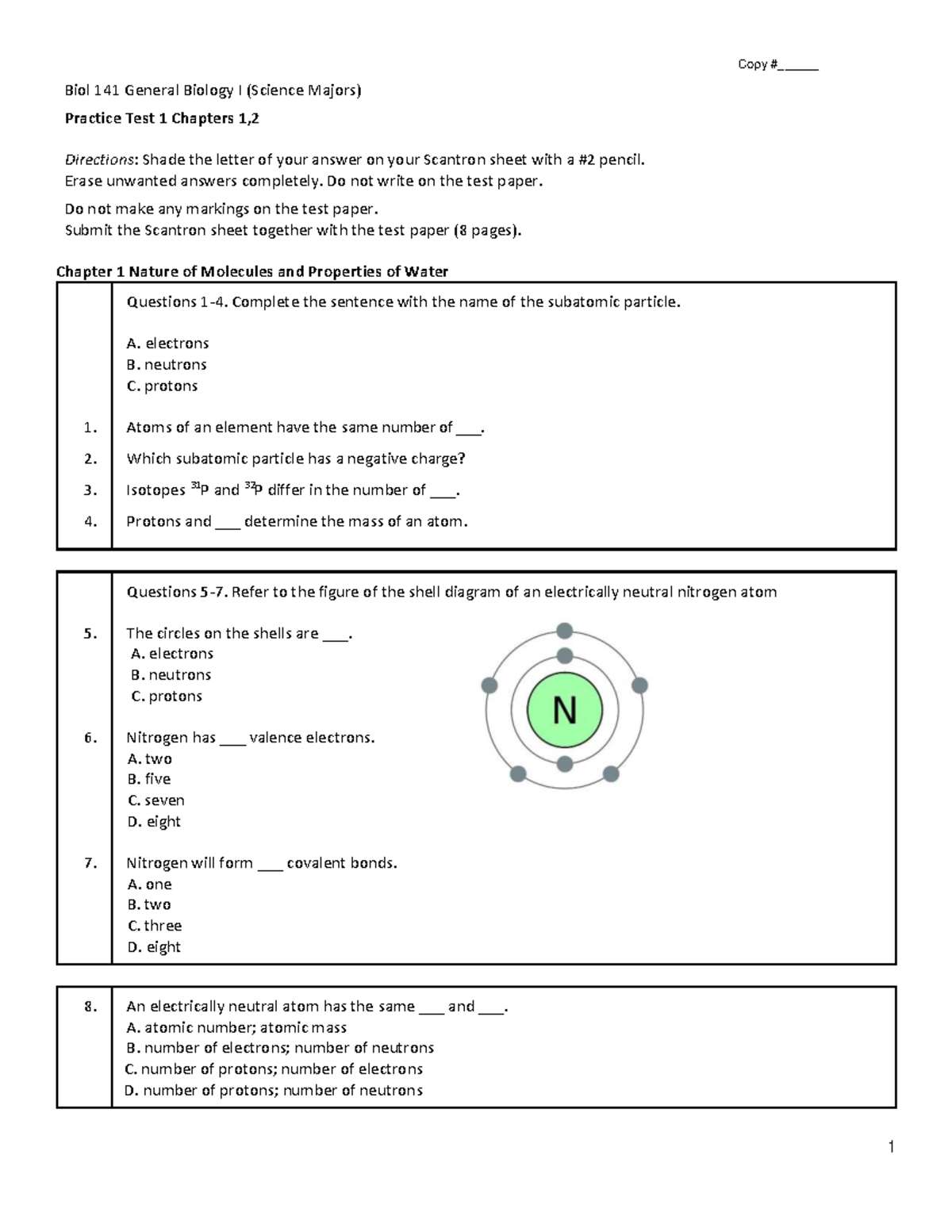 Biol 141 General Biology I Practice Test 1: Chapters 1 & 2 Review - Studocu