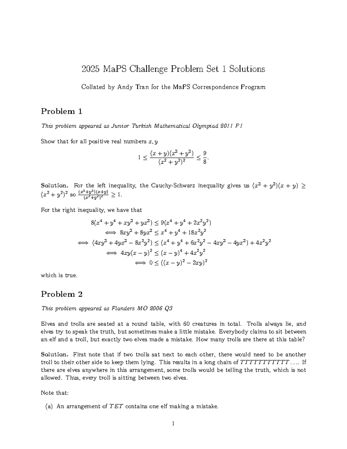 Challenge Problem Set 1 Solutions for MaPS Correspondence Program - Studocu