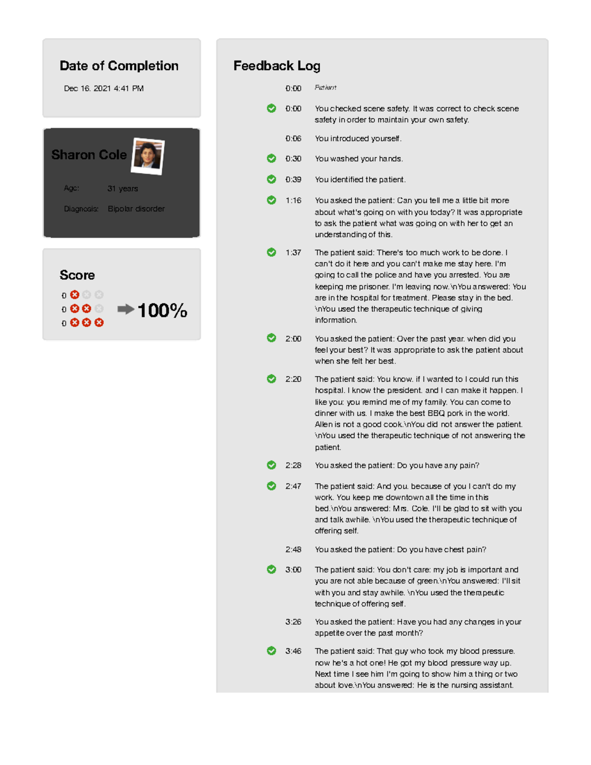 Feedback Log & Score for Sharon Cole - Bipolar Disorder Assessment ...