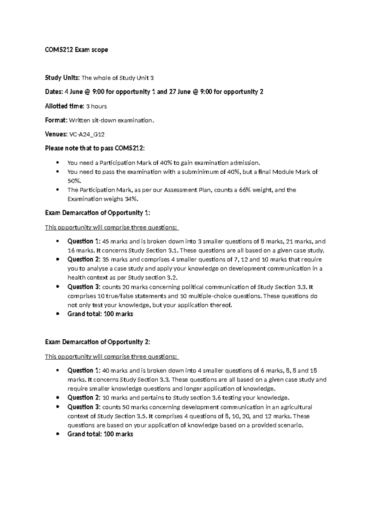 COMS212 Final Exam Scope: Opportunity 1 & 2 Overview - Studocu
