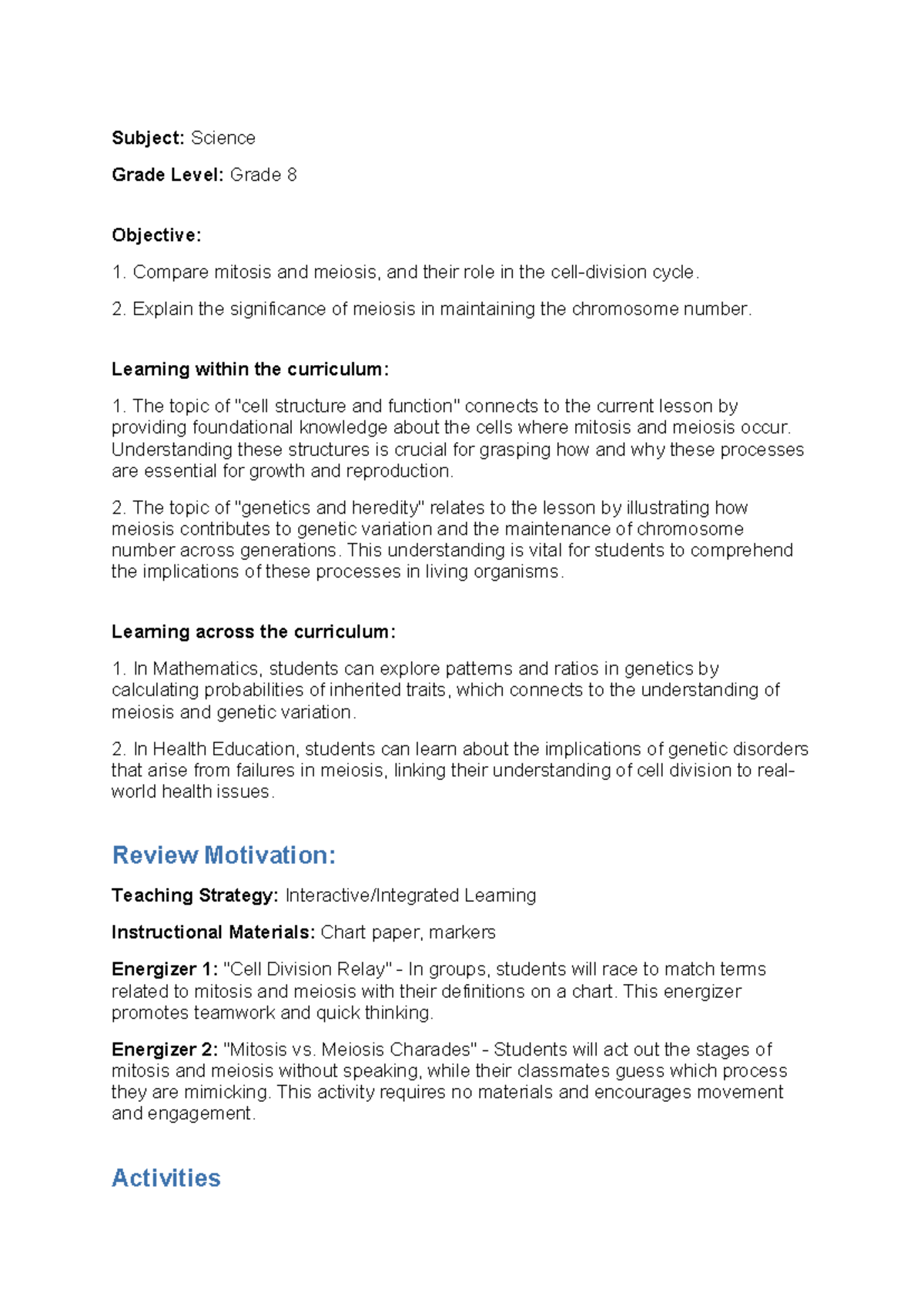 Lesson Plan for Grade 8: Mitosis vs. Meiosis in Cell Division - Studocu