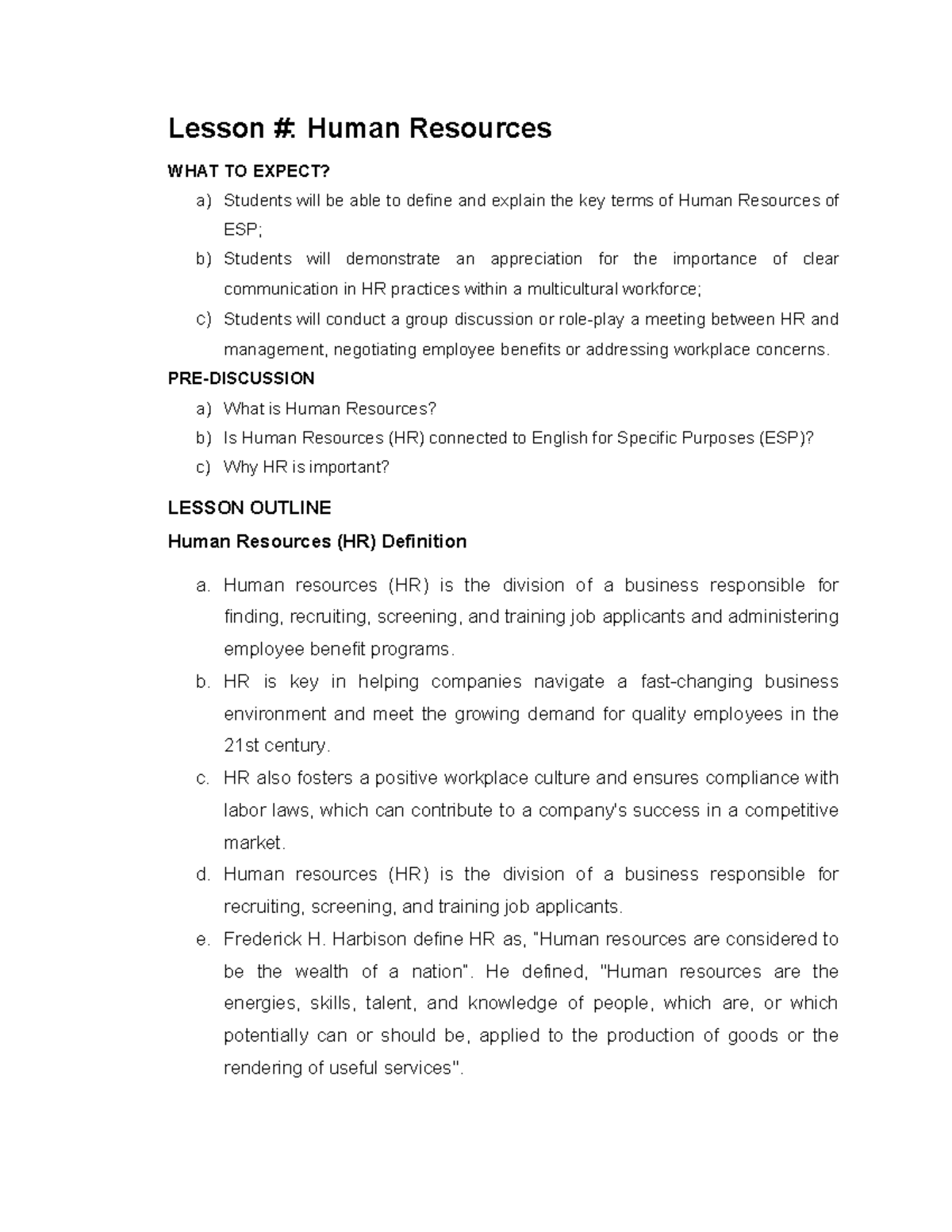 Lesson on Human Resources (HR) and ESP Integration - Studocu