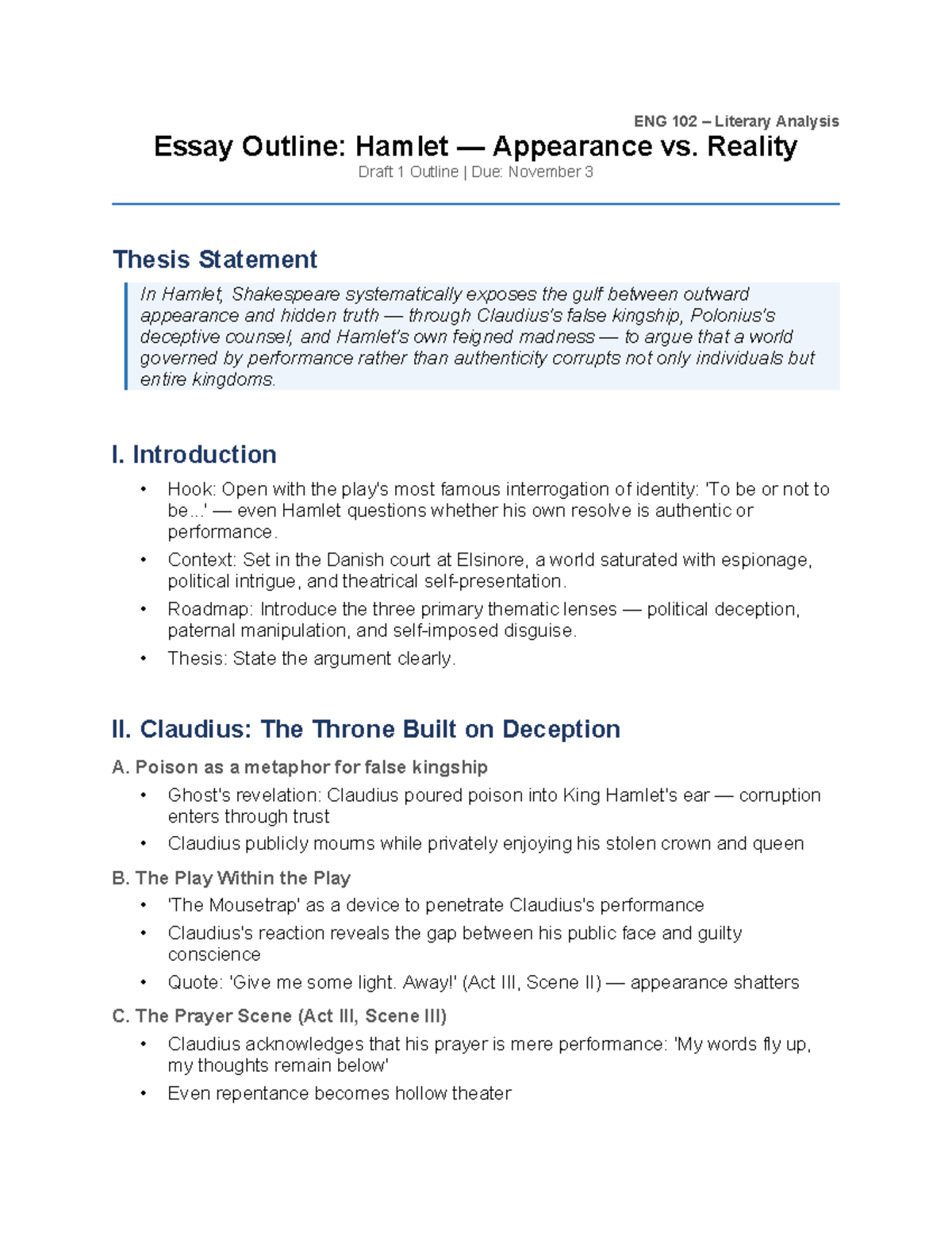 ENG 102 Literary Analysis Essay Outline: Hamlet's Appearance vs ...
