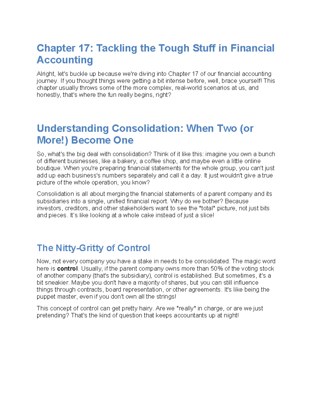 Financial Accounting (ACCT 101) Chapter 17 Review: Consolidation & Control - Studocu