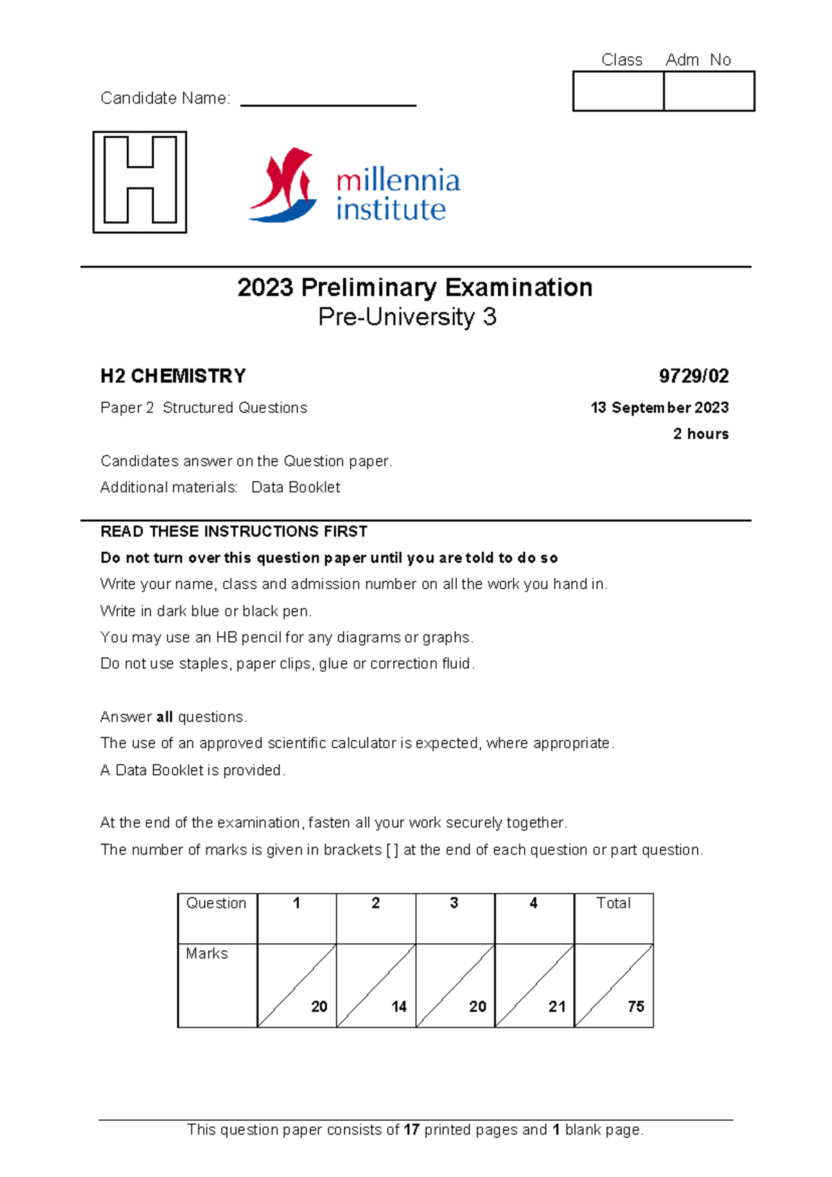 H2 Chemistry 2023 Preliminary Exam Paper 2 - Structured Questions - Studocu