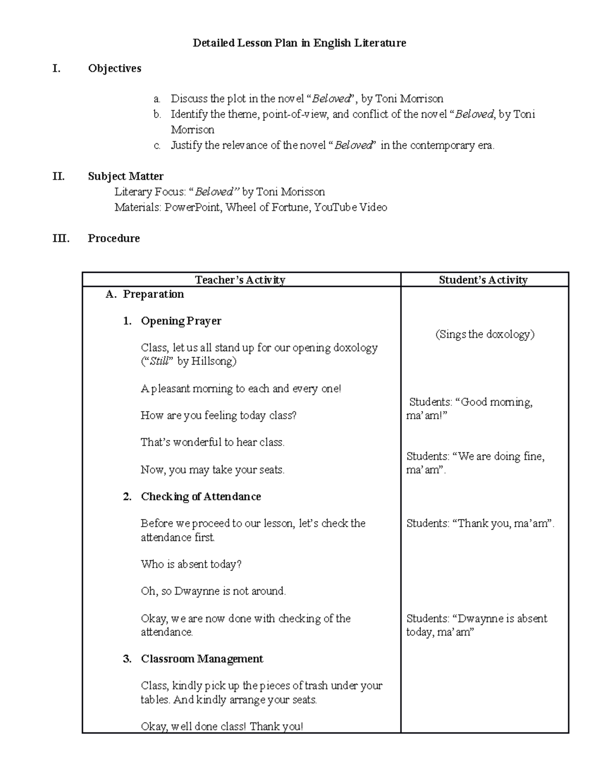 Detailed Lesson Plan for "Beloved" - English Literature (ENG101) - Studocu