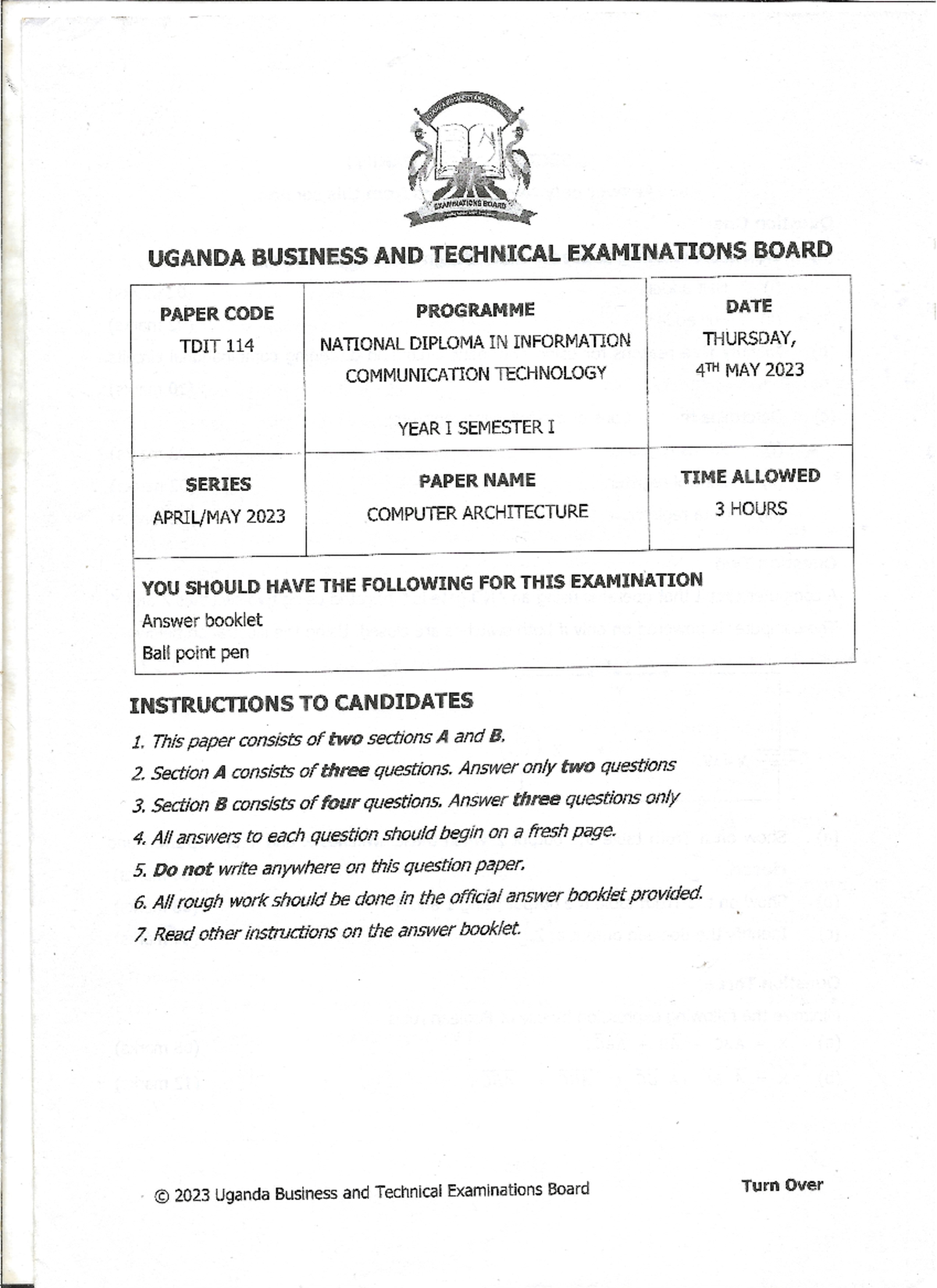 Diploma TDIT 114 Computer Architecture Exam Questions MAY 2023 - Studocu