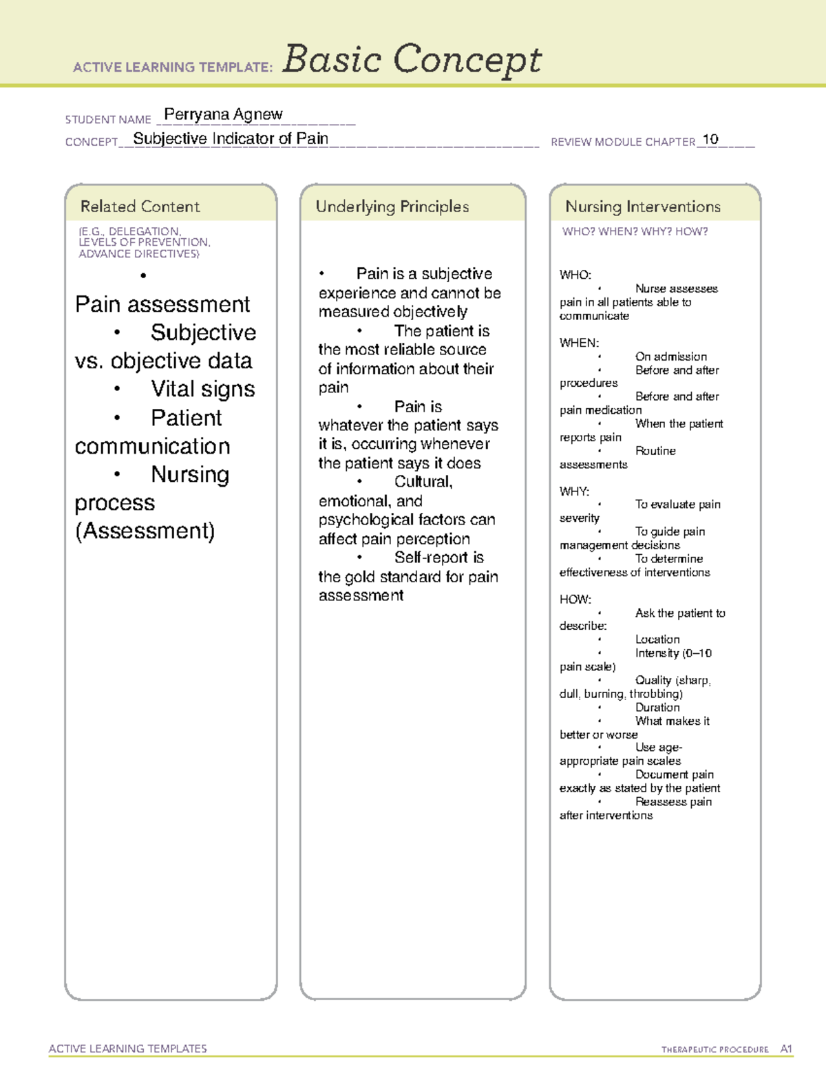 ACTIVE LEARNING TEMPLATE: Pain Assessment & Management (NURS 101) - Studocu