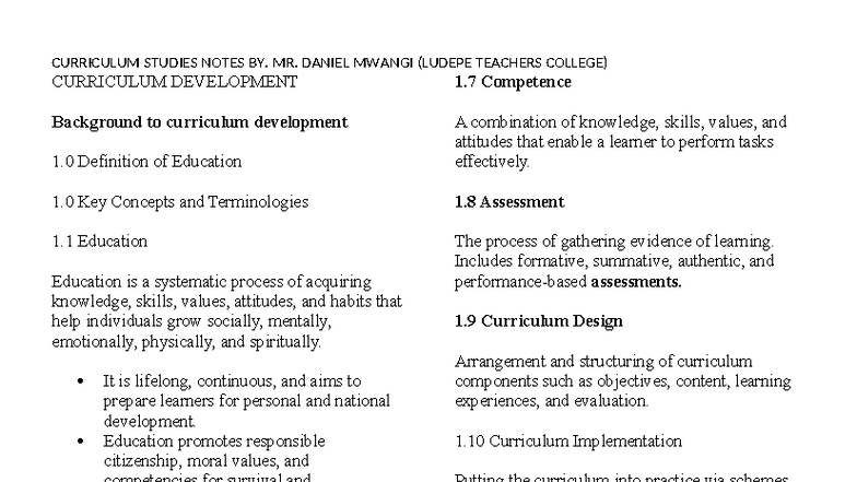 CURRICULUM STUDIES NOTES (DPTE) - MR. DANIEL MWANGI (LUDEPE TEACHERS ...