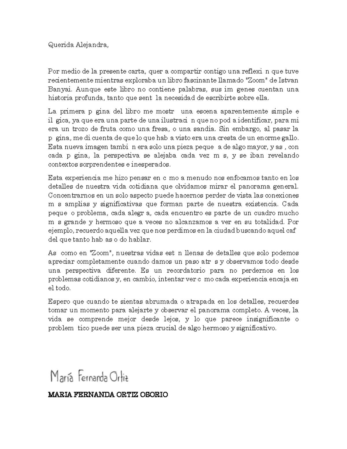 Carta Reflexiva de Cristian David Parra a Maria Fernanda Ortiz - Studocu