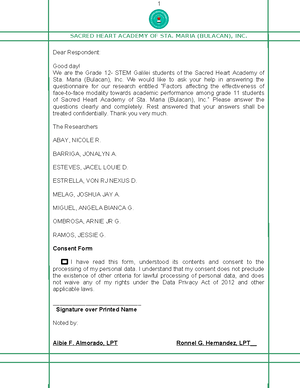 Nicole questionnaire - SACRED HEART ACADEMY OF STA. MARIA (BULACAN), INC. 1 Dear Respondent ...