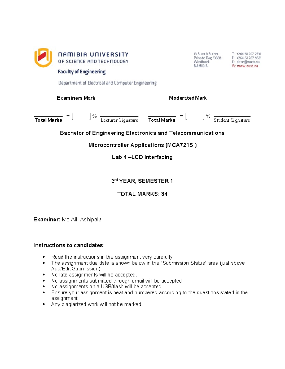 MCA721S Lab 4 - Lab 4 - % Lecturer Signature Examiners Mark Moderated ...