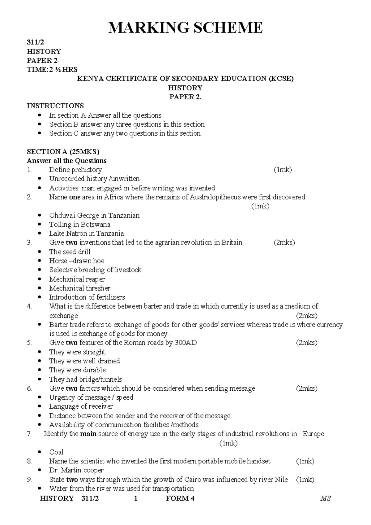 KCSE History Paper 2 Marking Scheme - Form 4 - Studocu