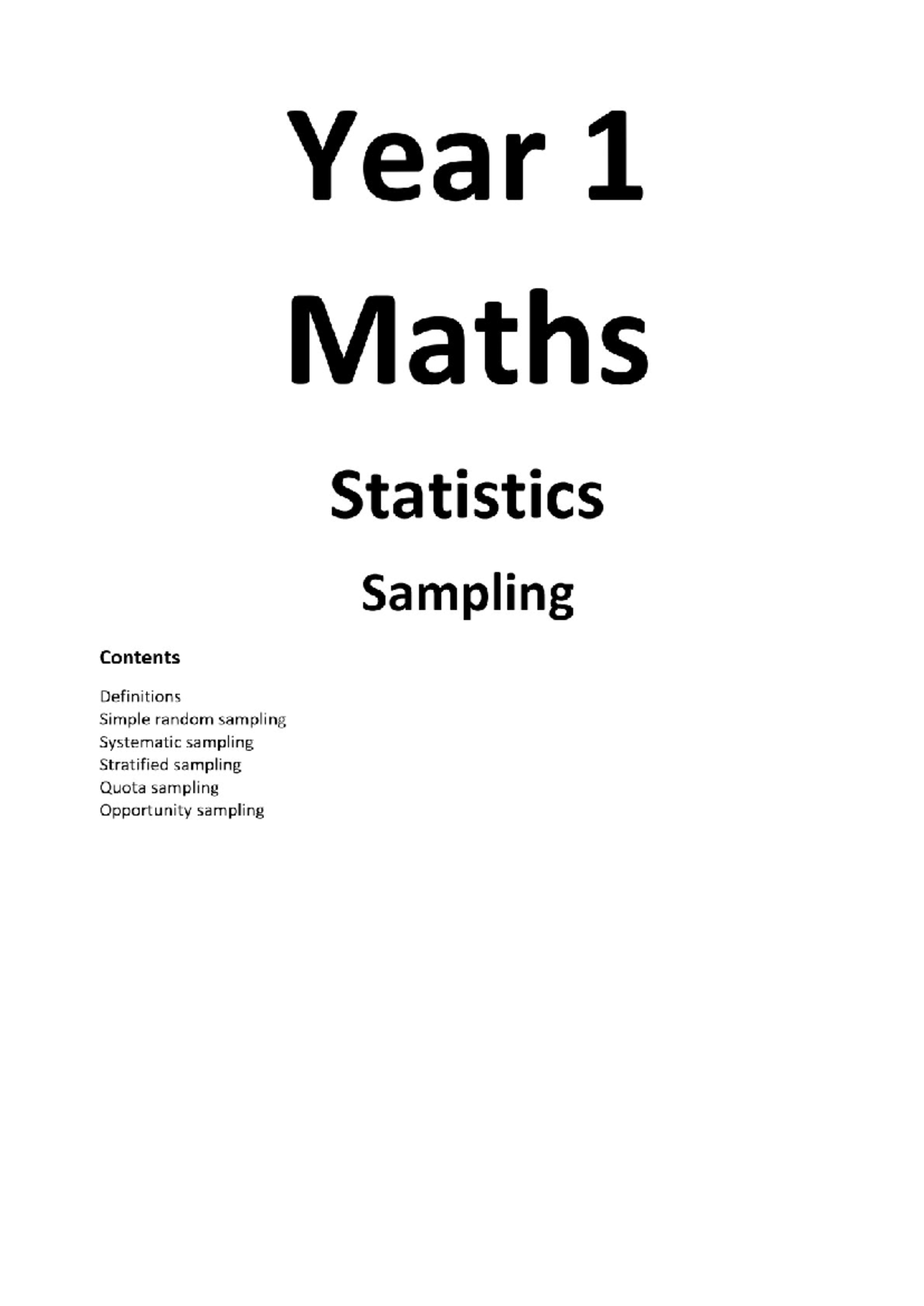 Year 1 Maths Statistics: Sampling Methods and Definitions - Studocu