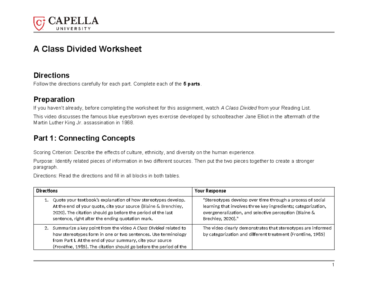 CF 101: A Class Divided Worksheet and Reflection on Stereotypes - Studocu