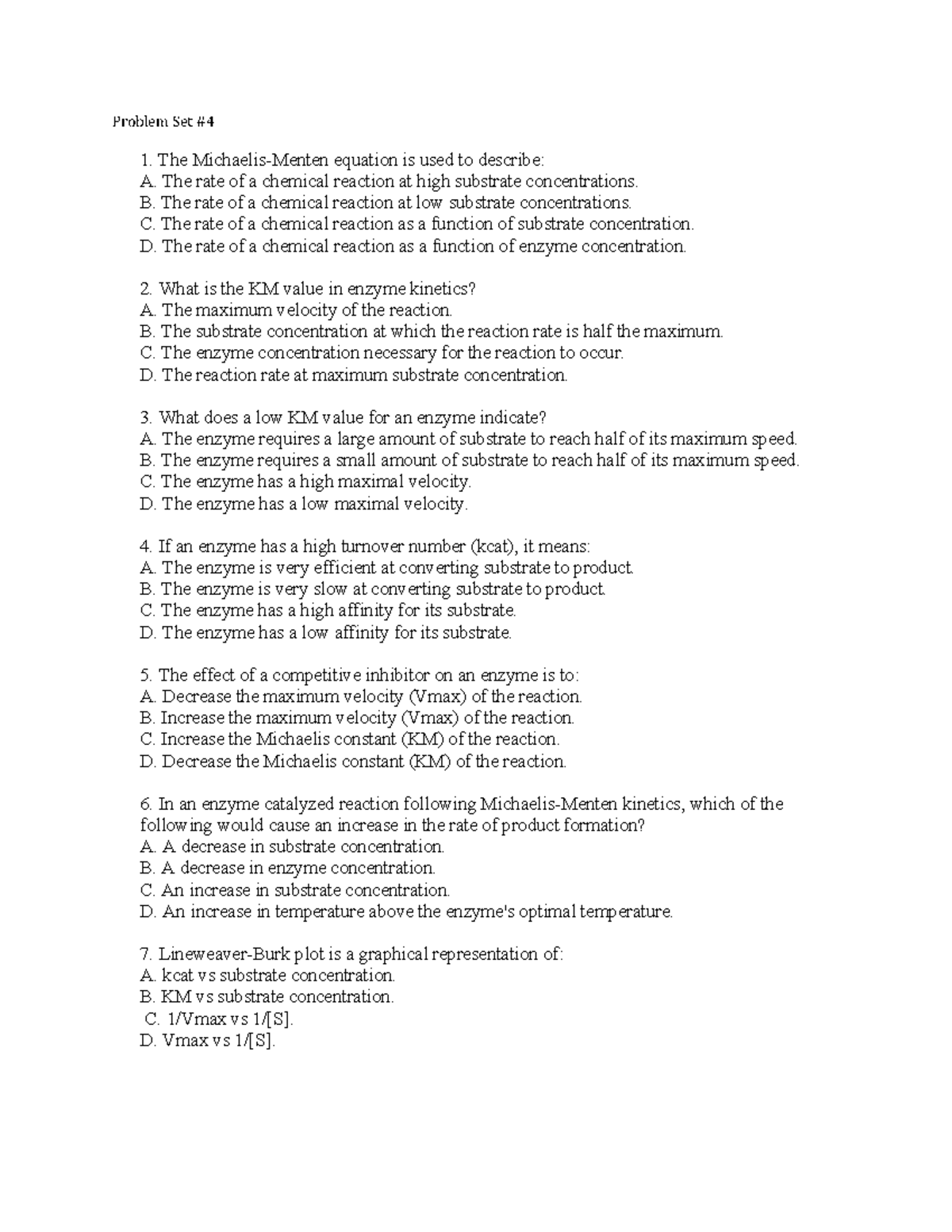 Biochemistry Problem Set 1: Enzyme Kinetics and Inhibition - Studocu