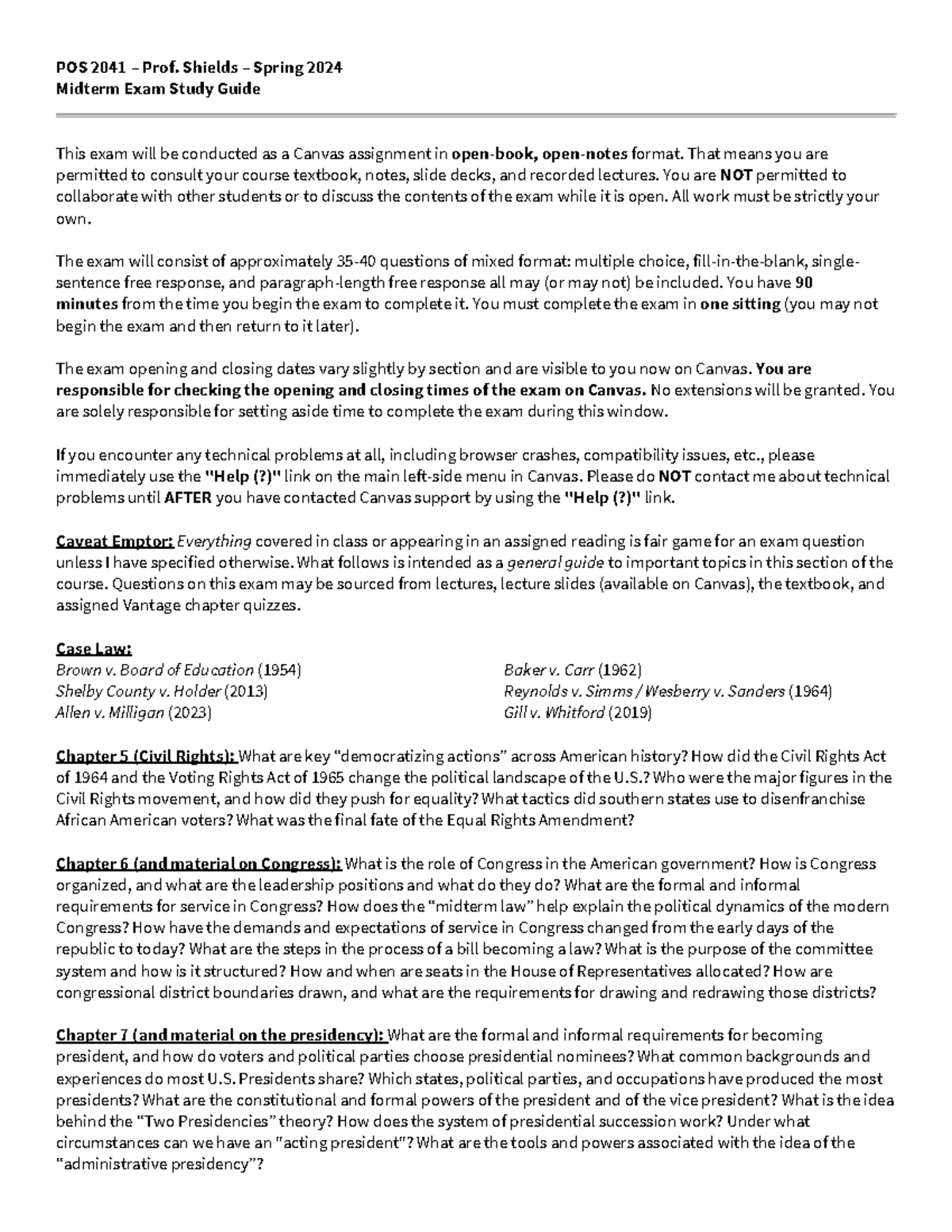 POS 2041 Midterm Exam Study Guide - Spring 2024 - Studocu