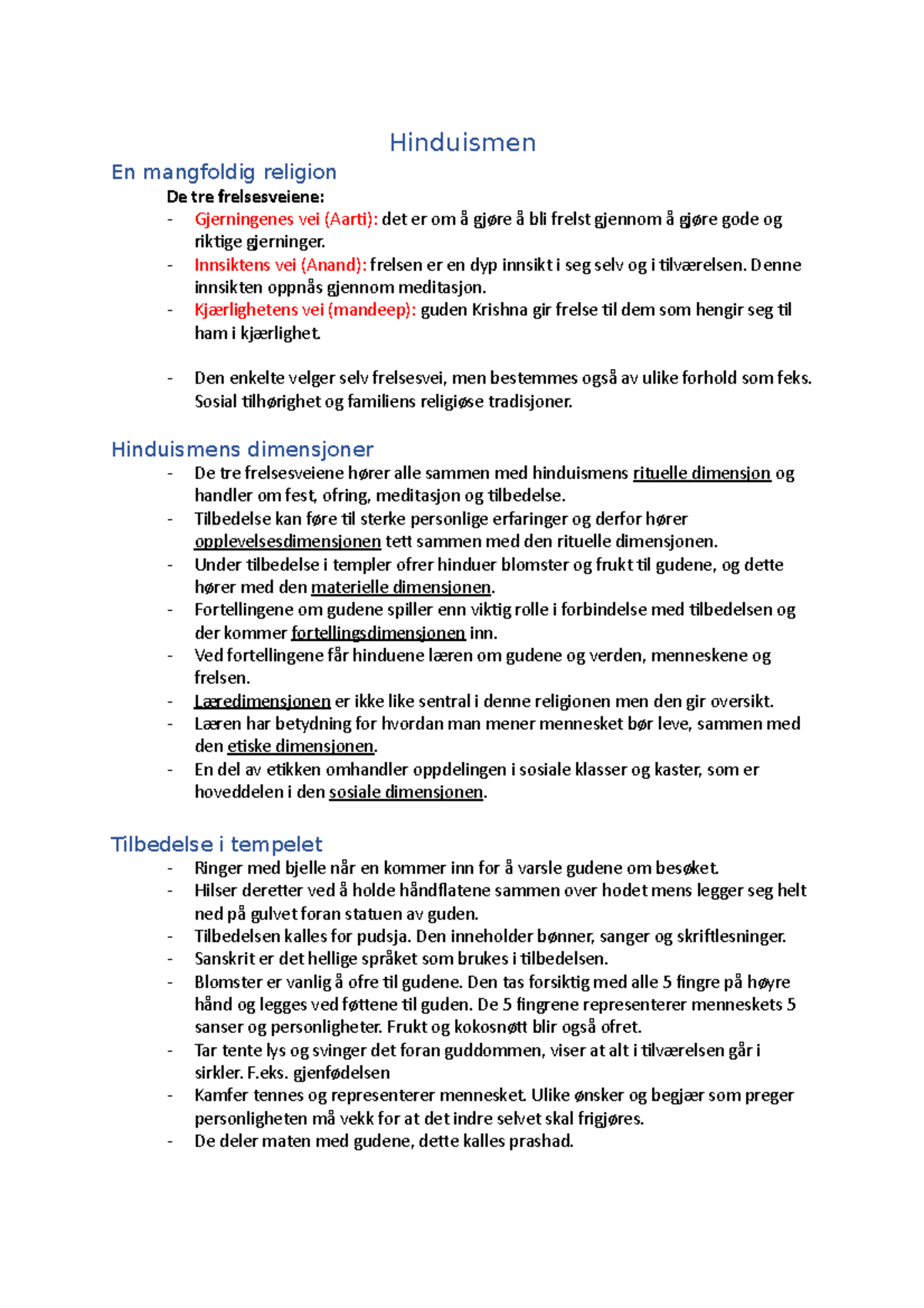 Hinduismen - Sammendrag av Vg3: Frelsesveier, Dimensjoner og Ritualer ...