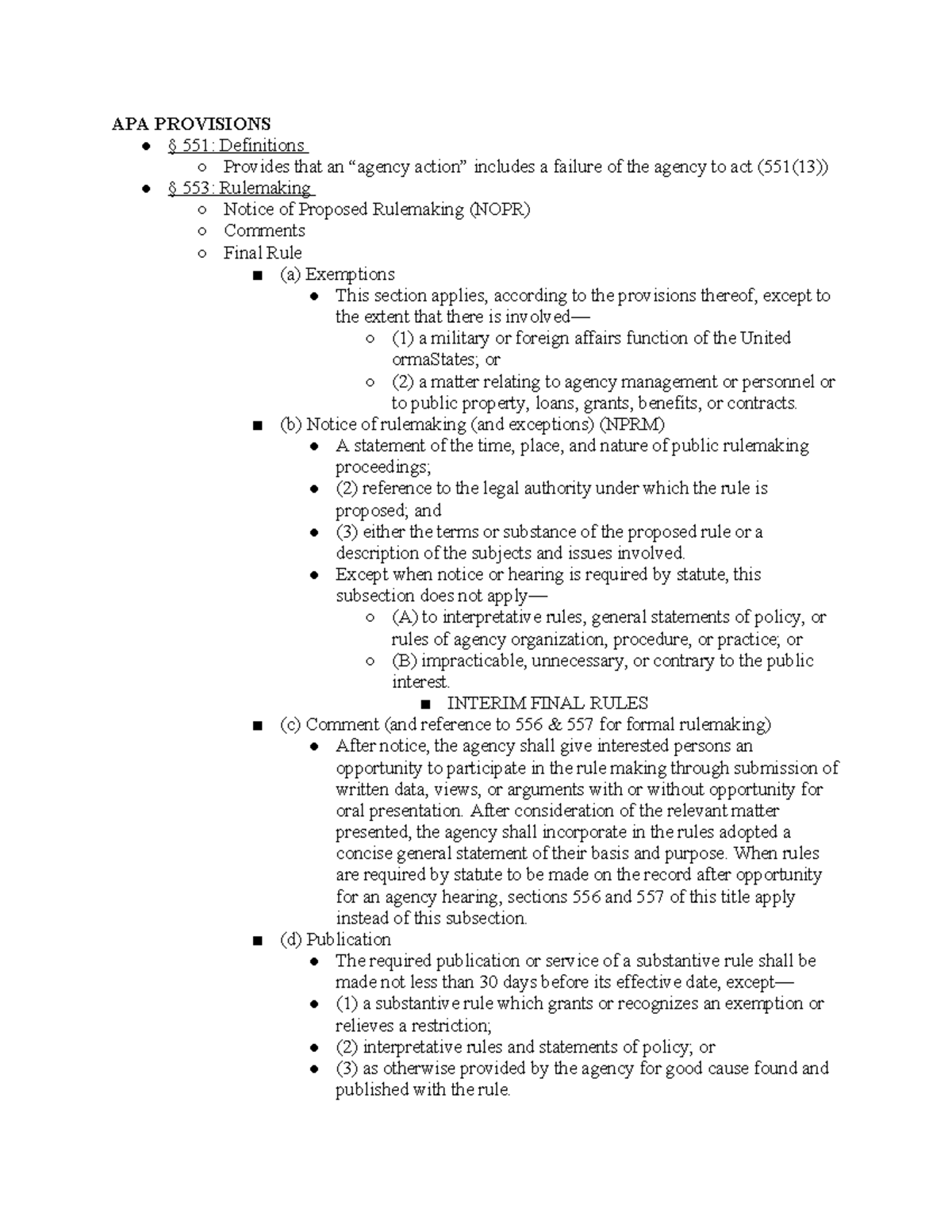 Admin Law Final Outline: Key Provisions and Judicial Review (551, 553 ...